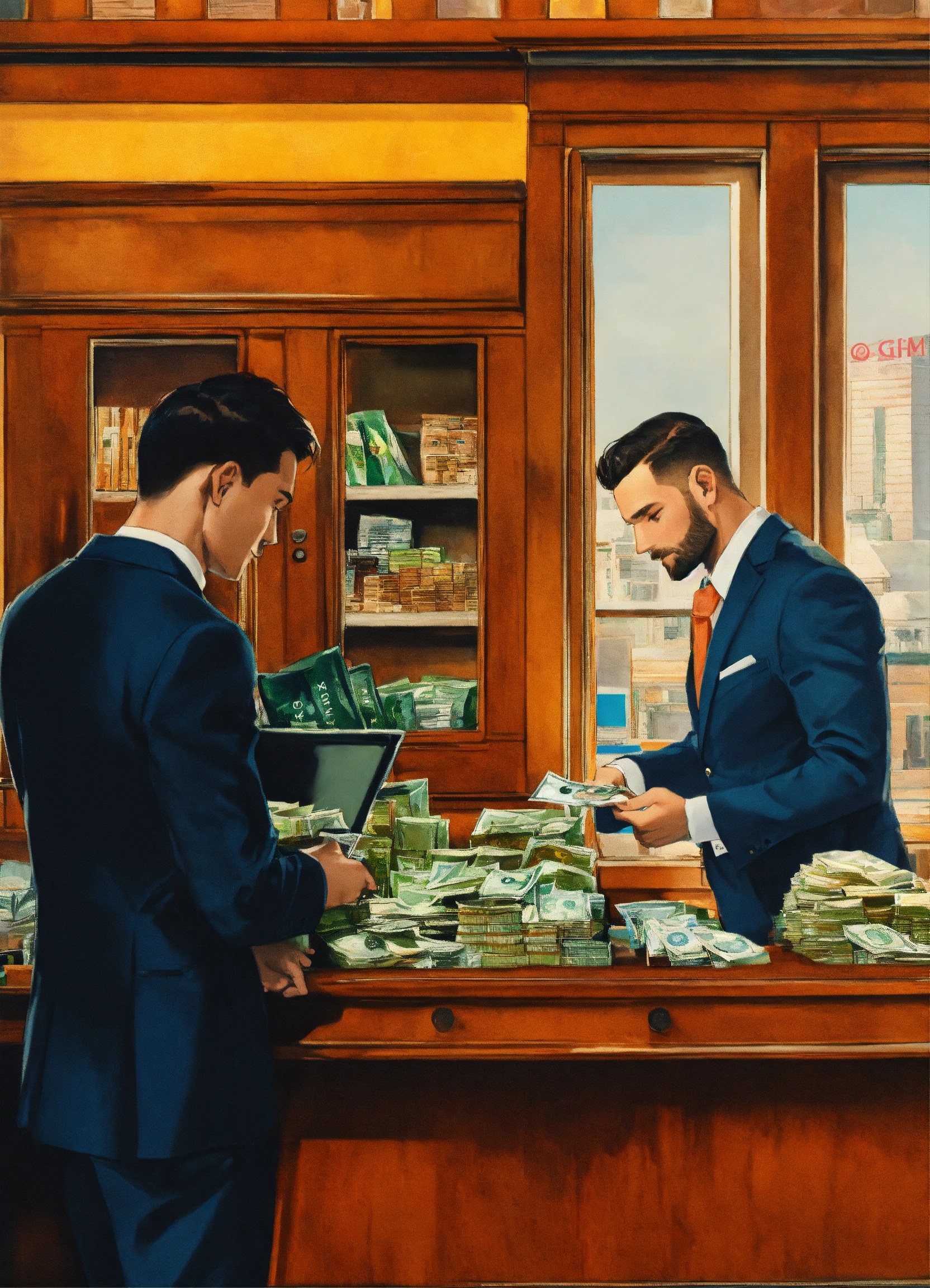 Lexica - A man paying money to a financial expert in a suit