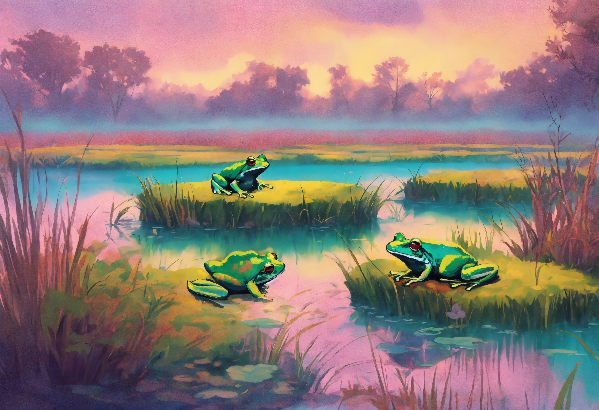 Lexica - Illustration graphic marsh frogs in tie-dye, surreal mauve hues, surreal green/yellow ...