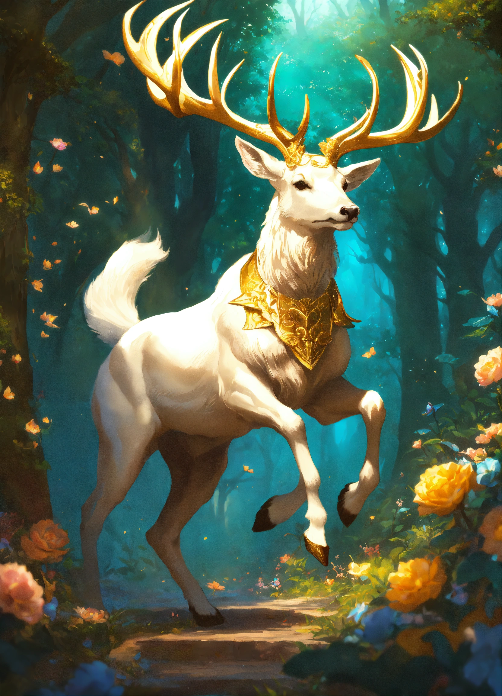 Lexica - Big animal white deer, gold armor magic, running around forest, underground tree and ...