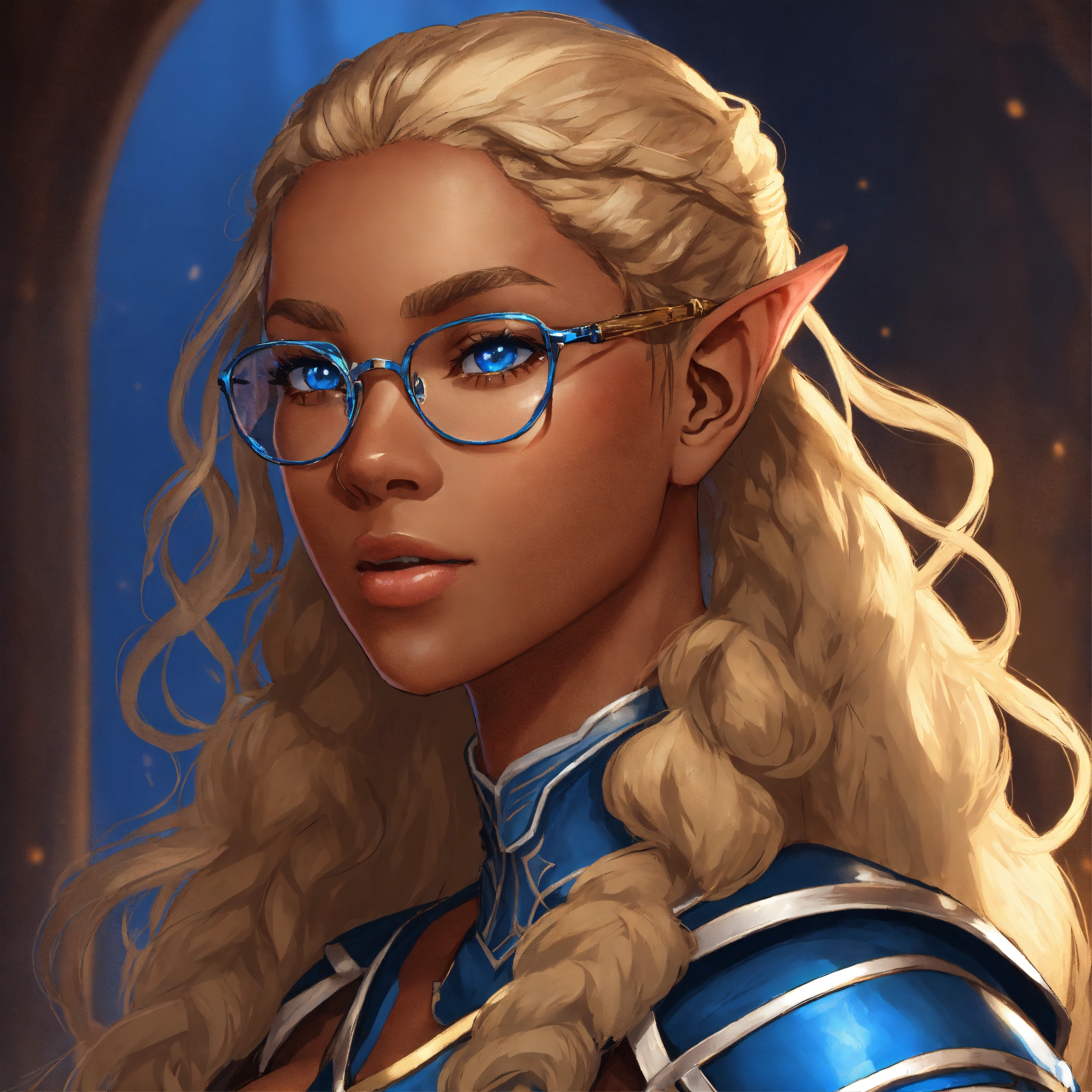 Lexica - A very brown skinned half elf woman, wearing glasses with deep ...
