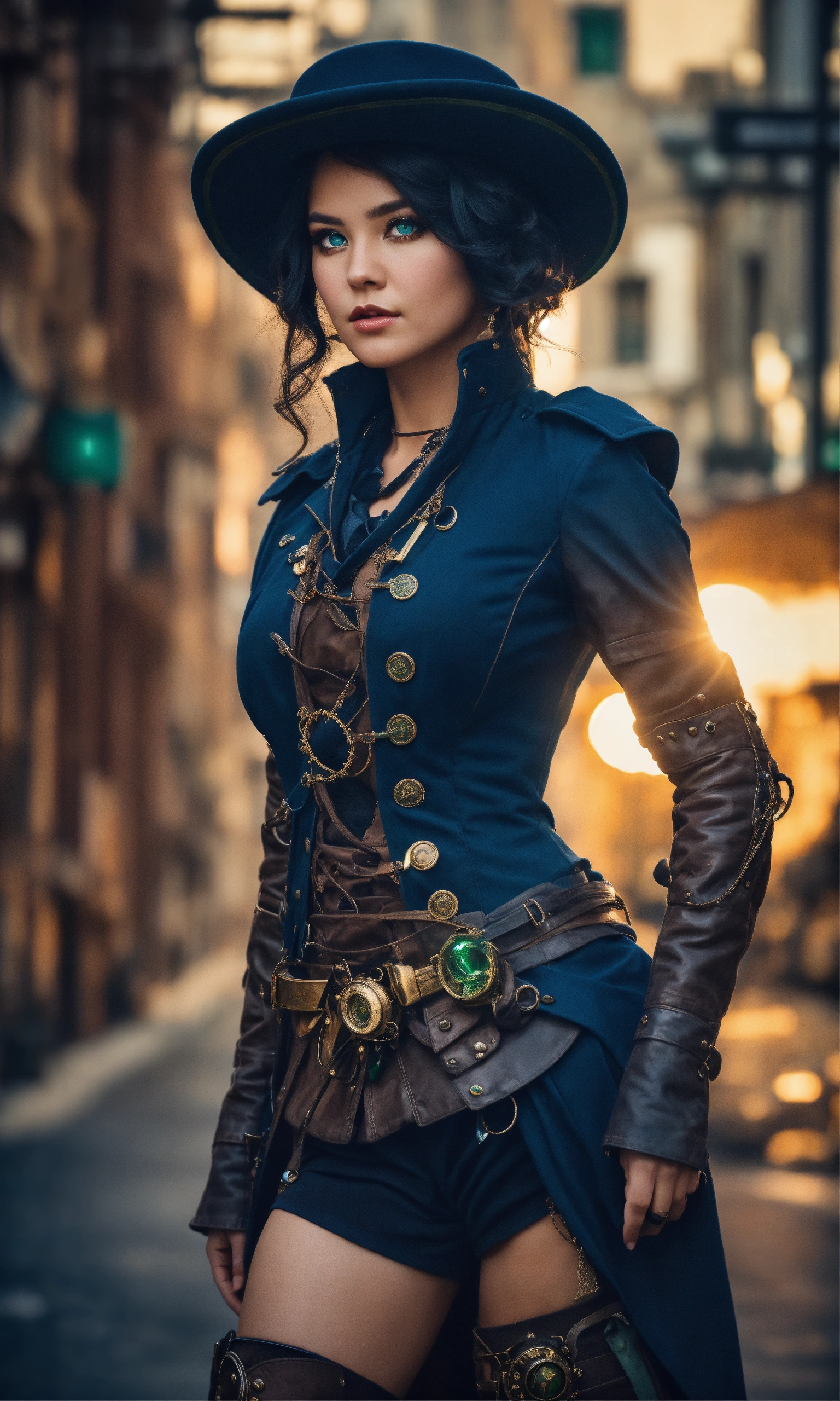 Lexica - American archer girl, eyes big, short and dark blue and beautiful strait hair, standing ...