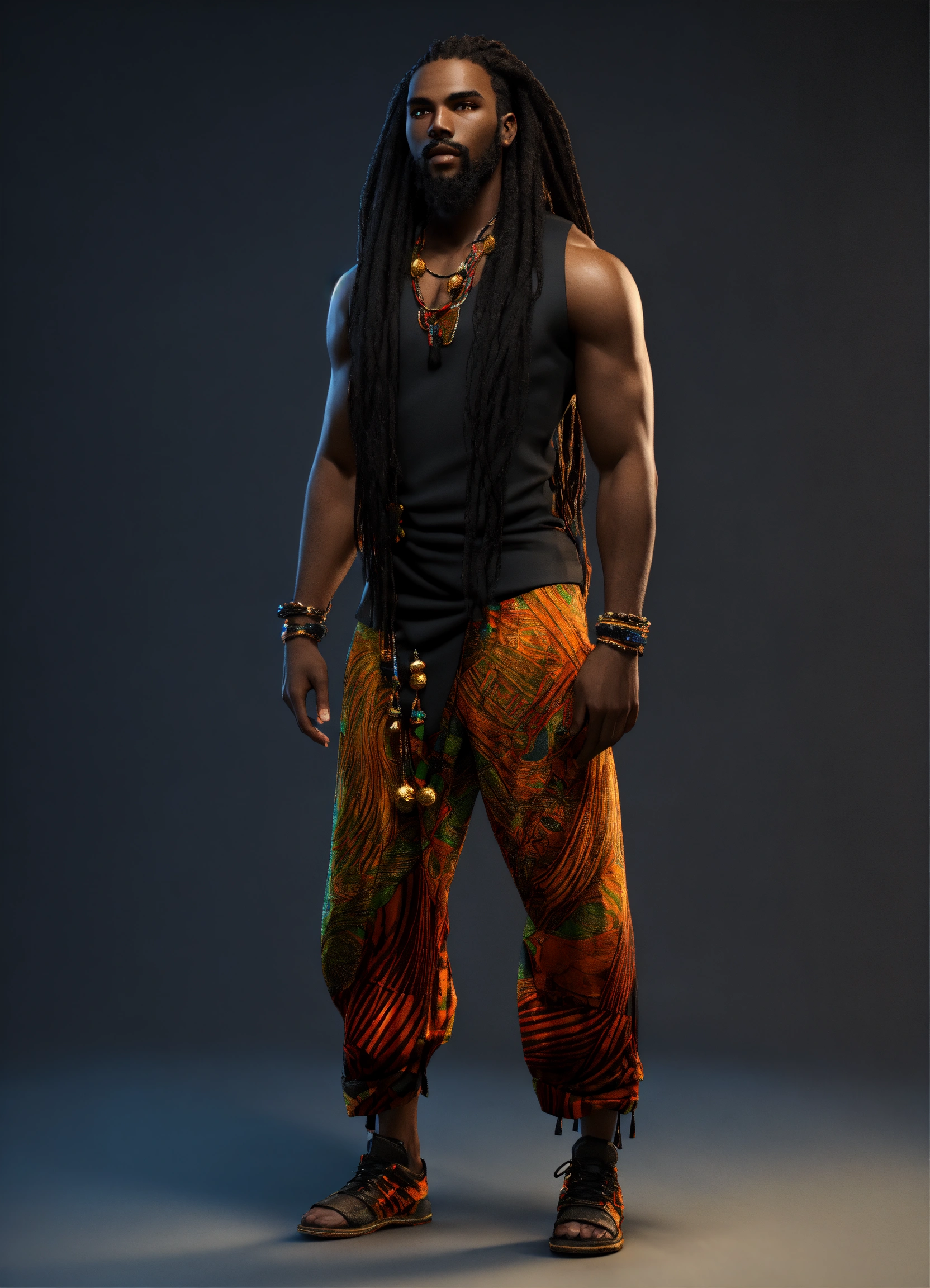 Lexica - 3d render of a Black man with long flowing dreadlocks, 6'5" tall, well-built, full body ...