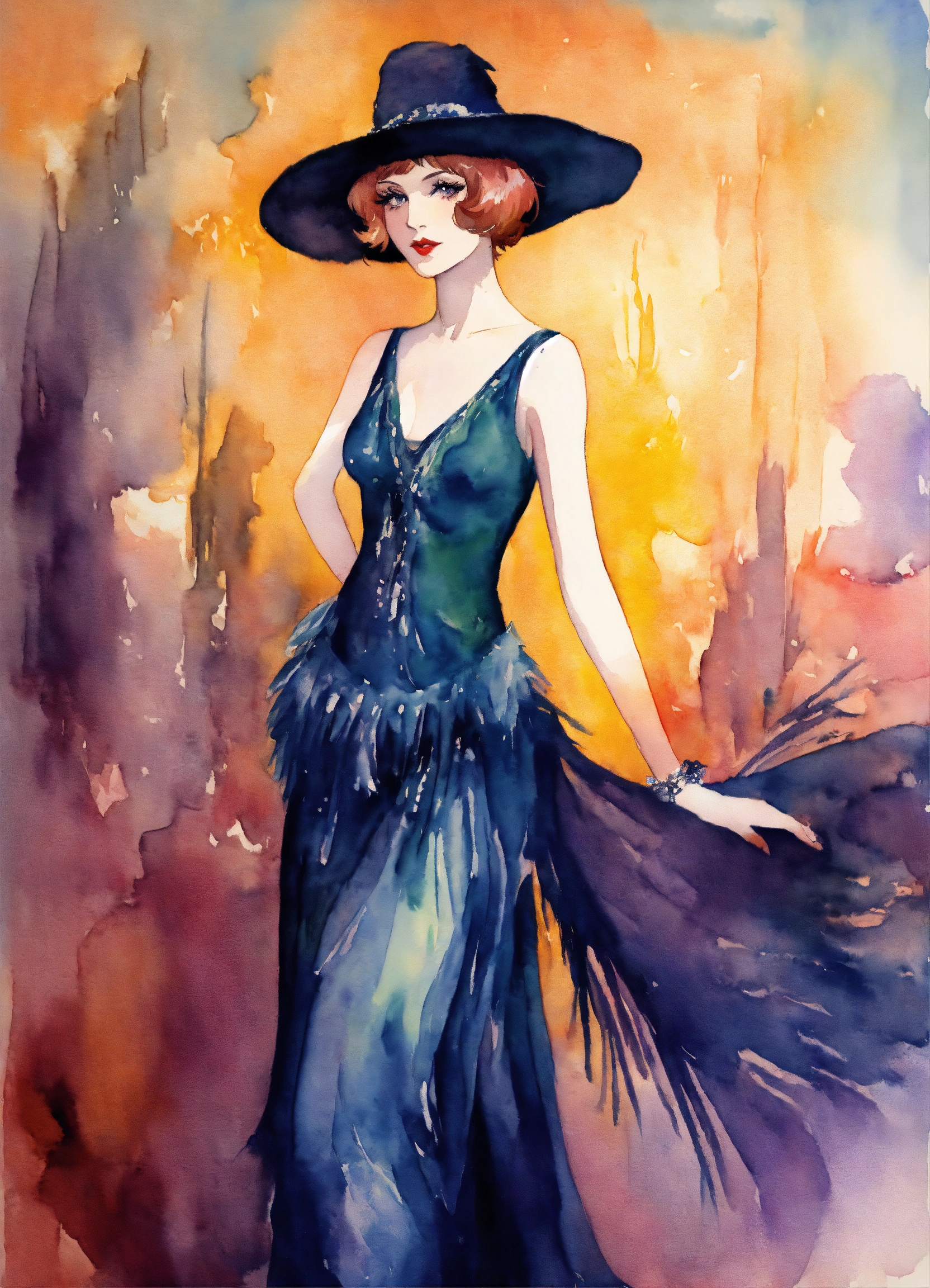 Lexica - Impressionist watercolor illustration of a 1920's flapper art ...