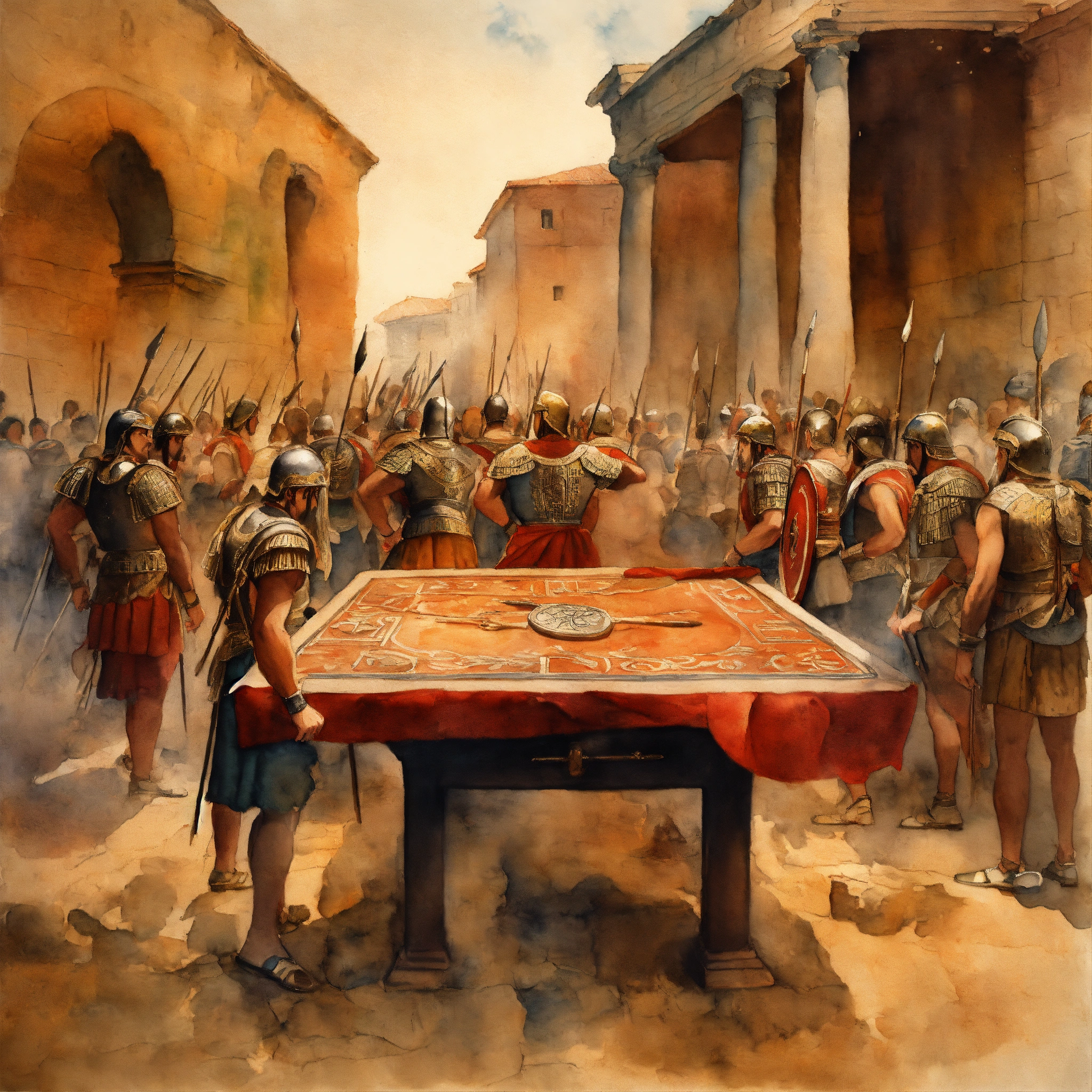 Lexica - Ancient roman battle table, aquarelle painting