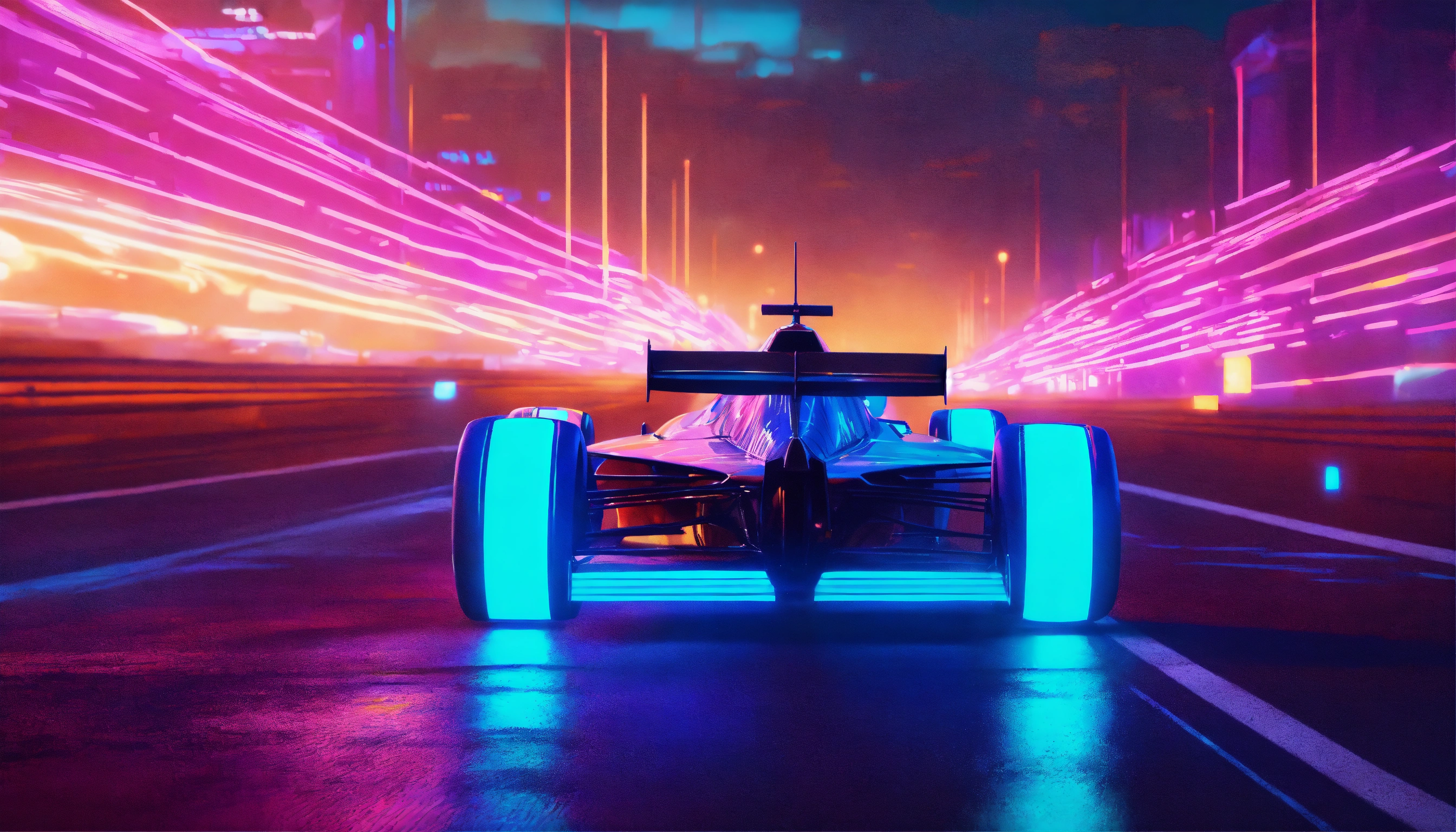 Lexica - Back view of a futuristic formula 1 traveling through neons at ...