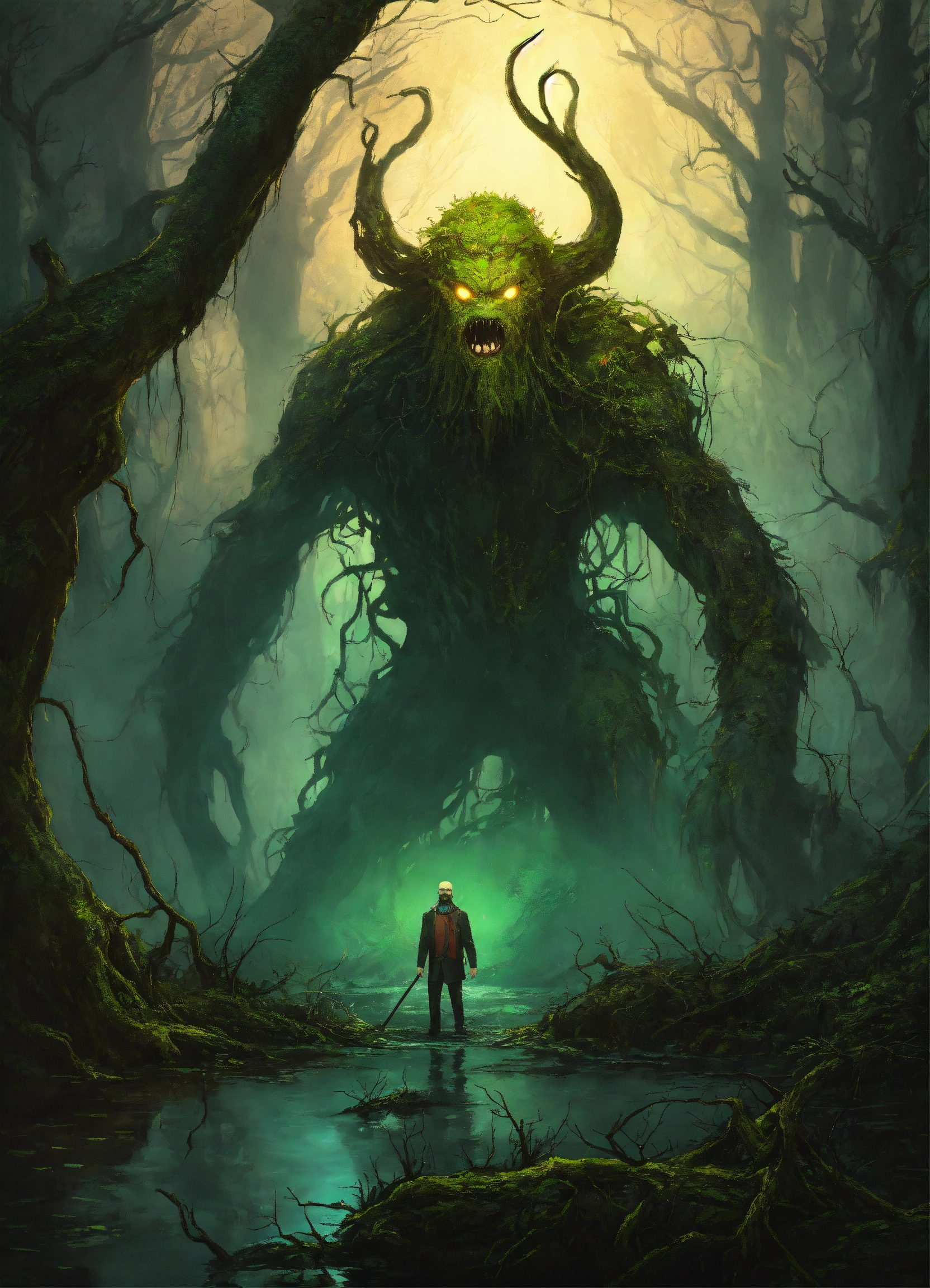 Lexica - A young bald man with beard terrifying swamp monster, lurking ...