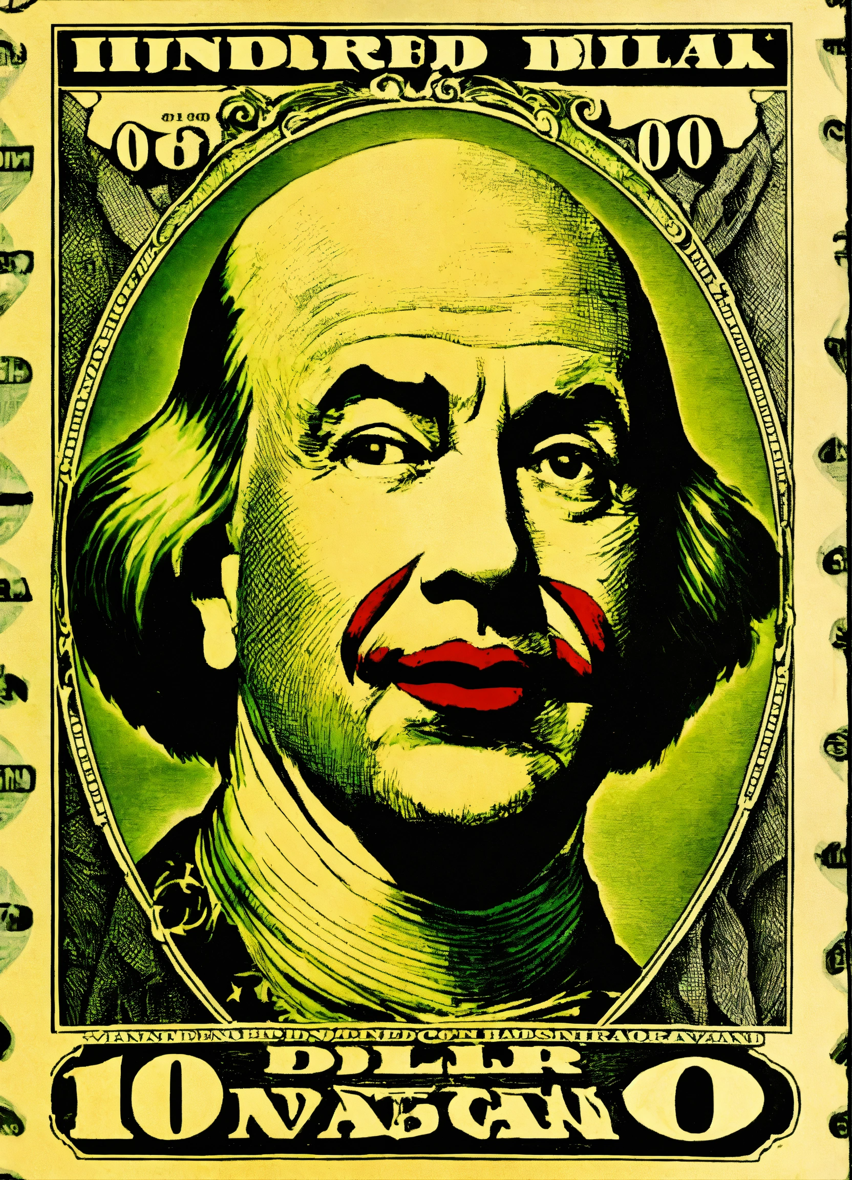 Lexica - Hundred dollar bill sad clown president face
