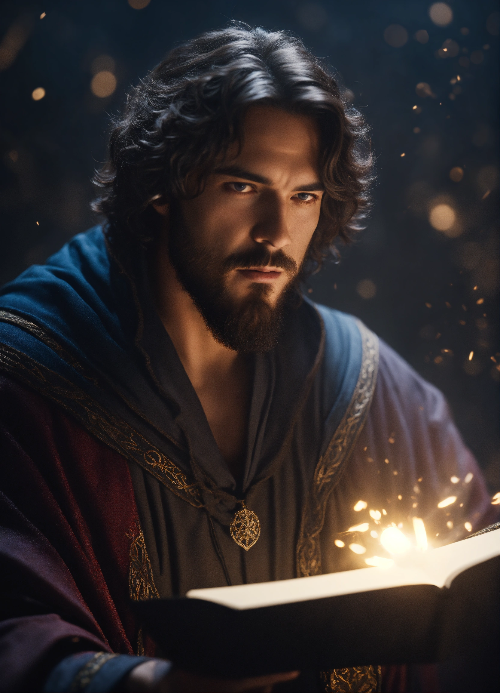 Lexica - Dark medium hair, french goatee, wizard robes, creating magic ...