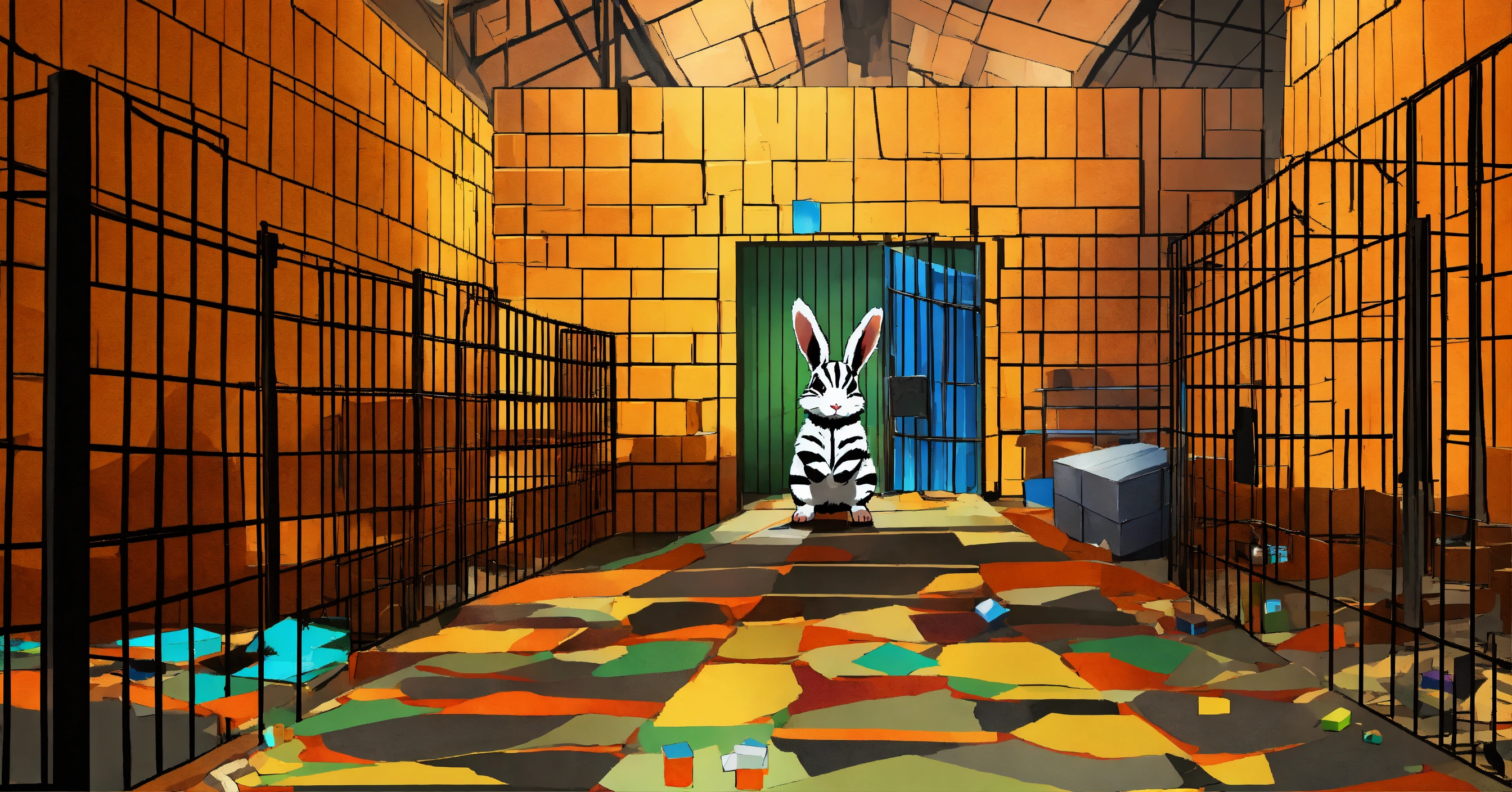 Lexica - Jail, a rabbit in the color of a zebra breaks glass boxes with ...