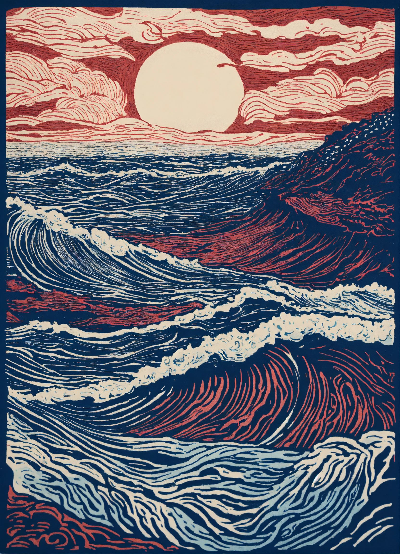Lexica - Linocut, rough sea waves