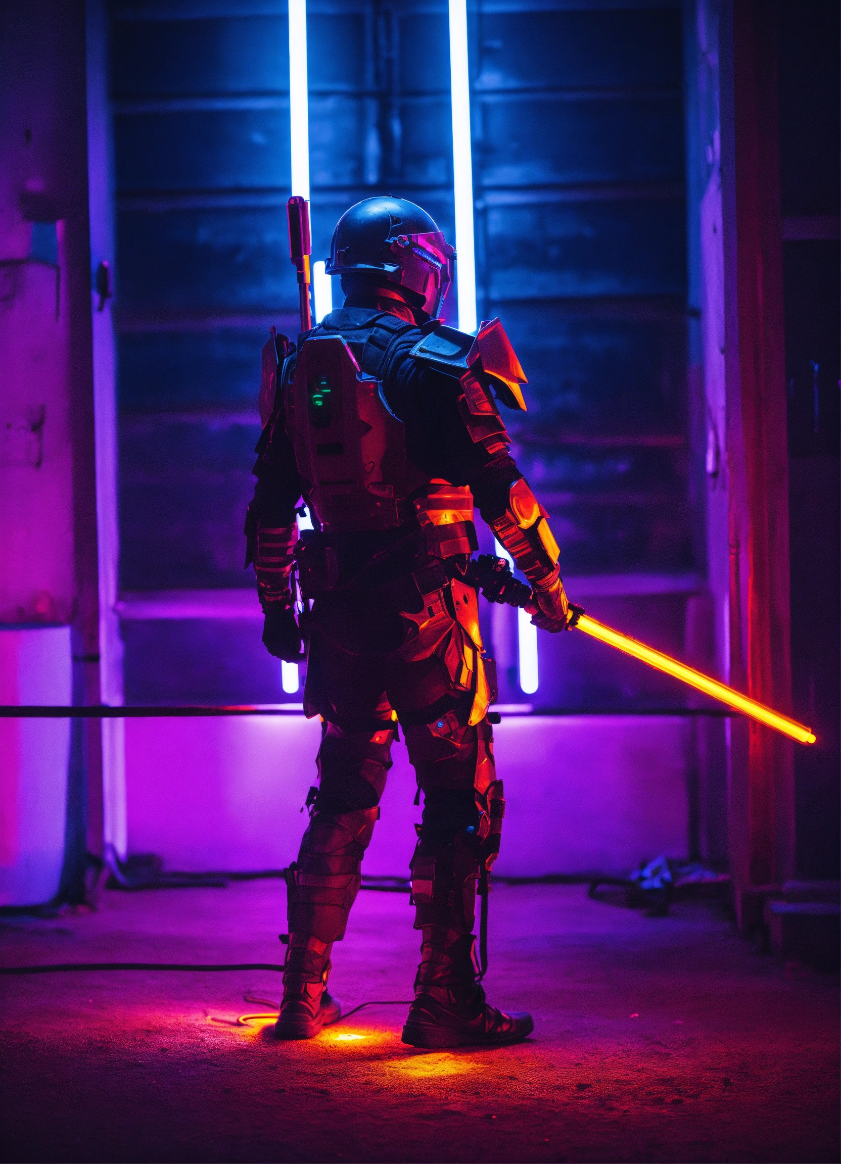 Lexica - Man in the image with neon light combat armour'