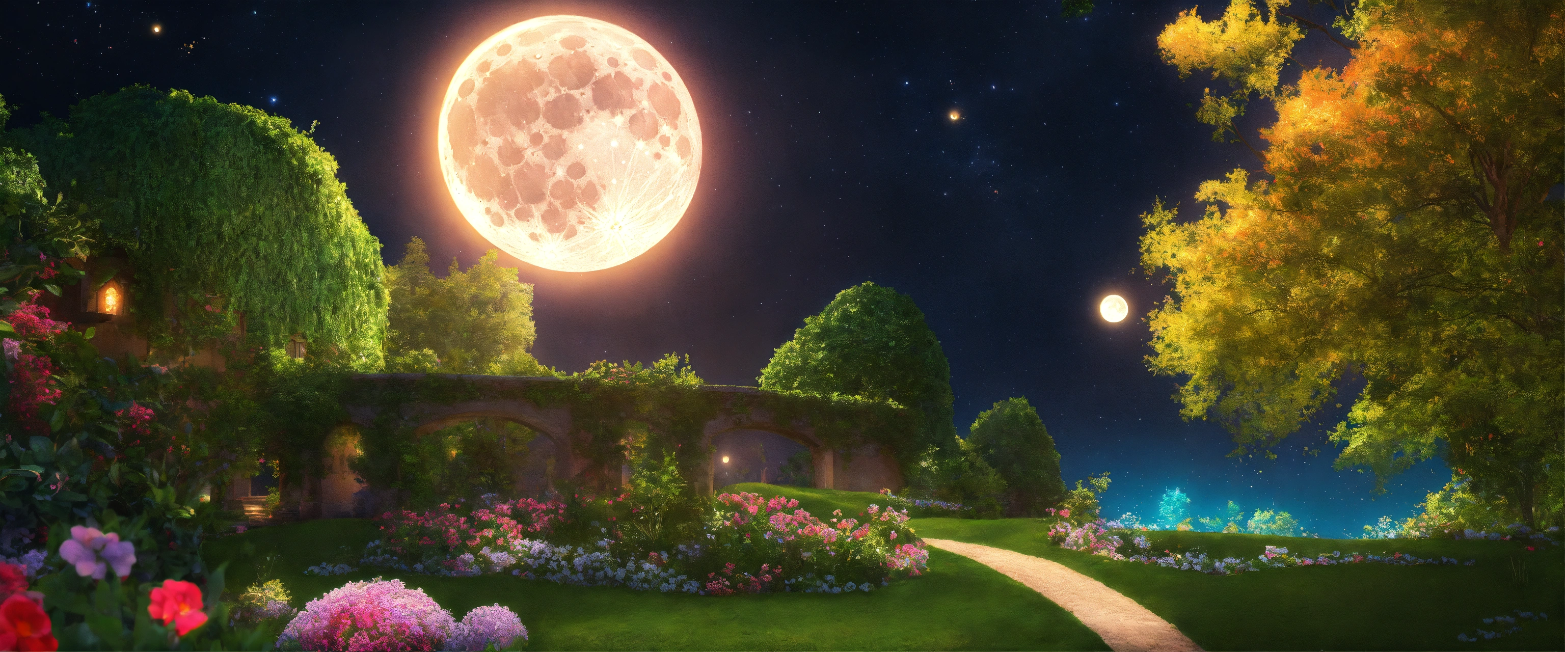 Lexica - Magic secret garden, moon, stars, detailed, 8k, --ar 23