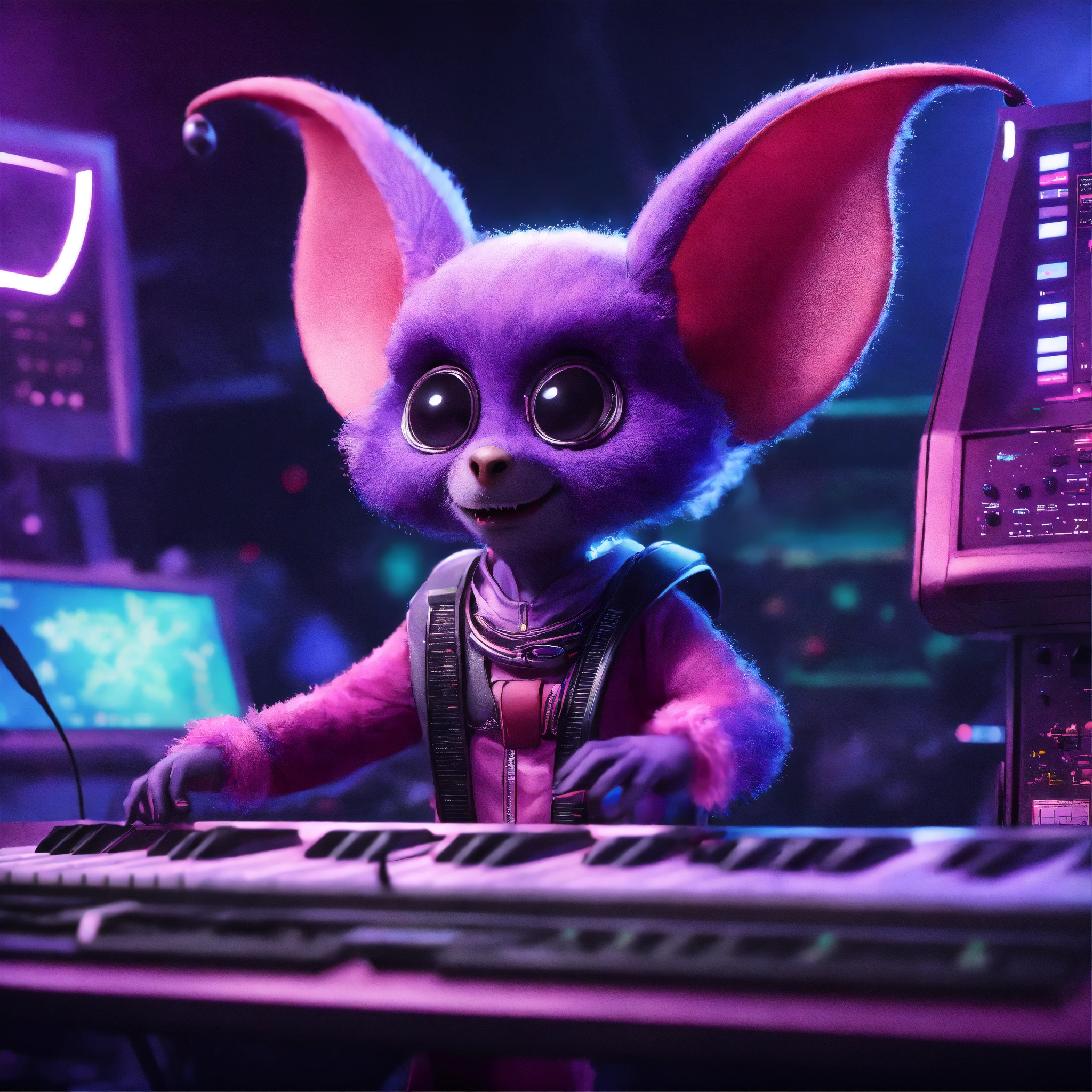 Lexica - Cute silly fuzzy pink and purple alien fruitbat character with ...