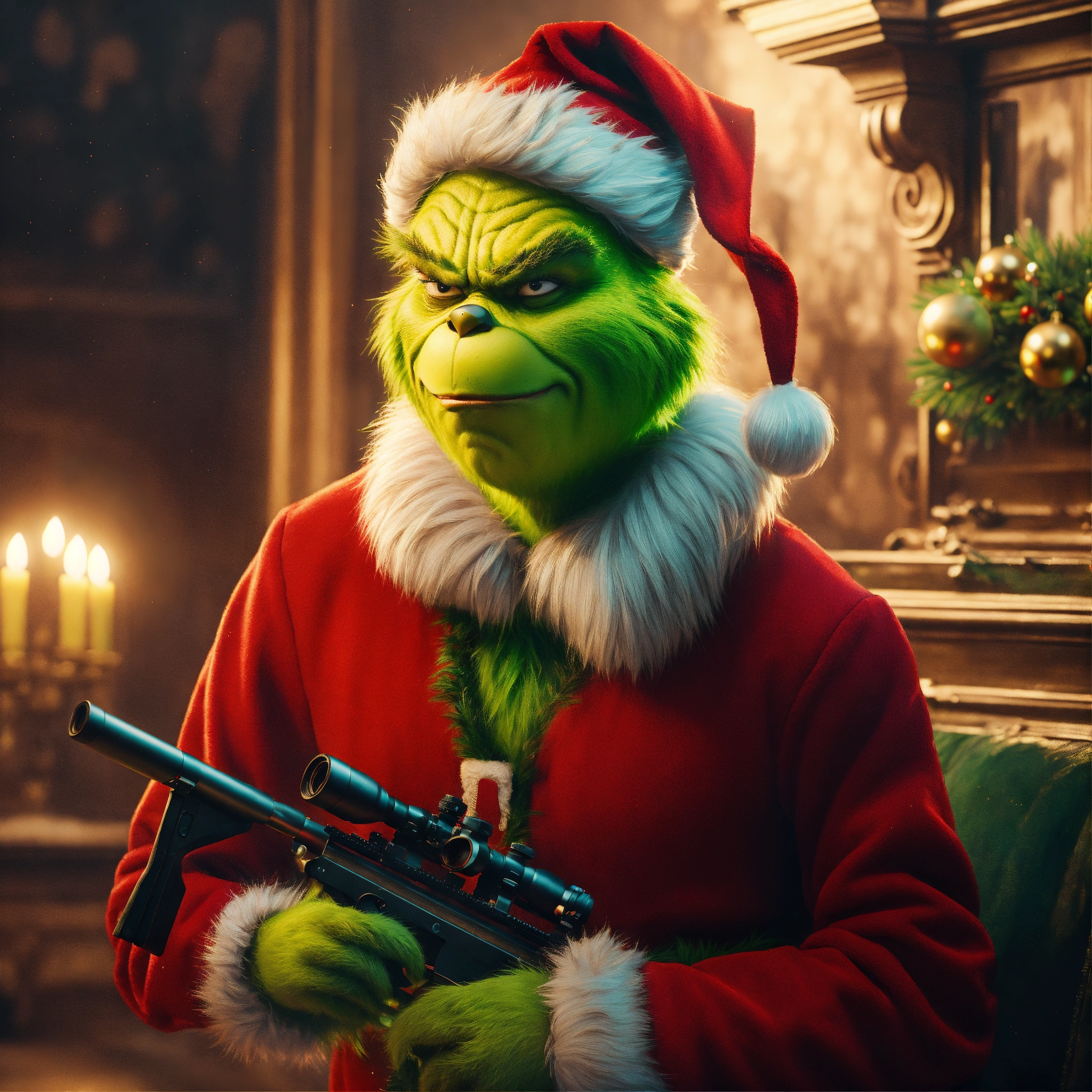 Lexica - A classical painting of The Grinch holding sniper rifle ...