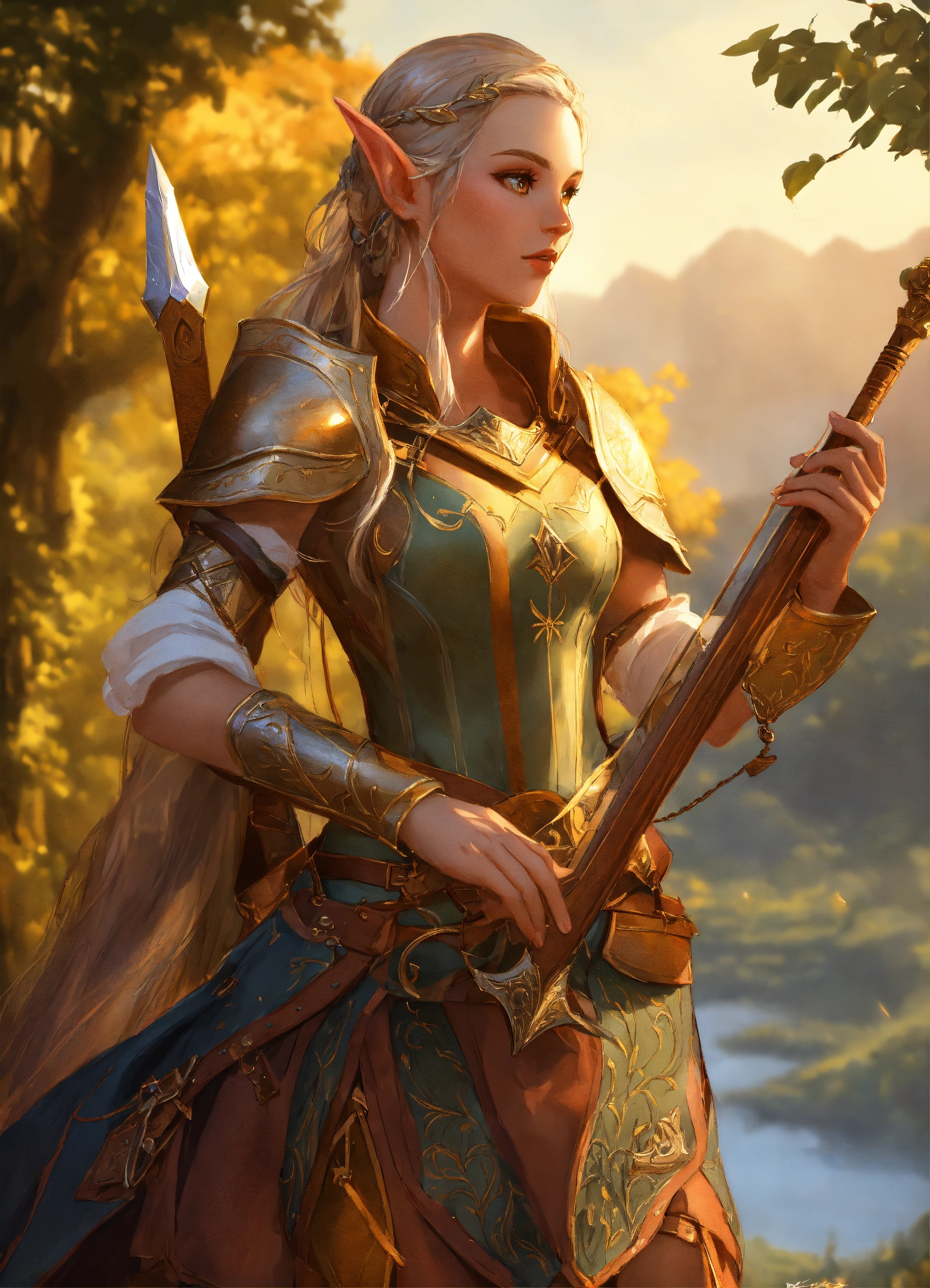 Lexica - Beautiful bard female elf, long pale hair, gold eyes, Copper ...
