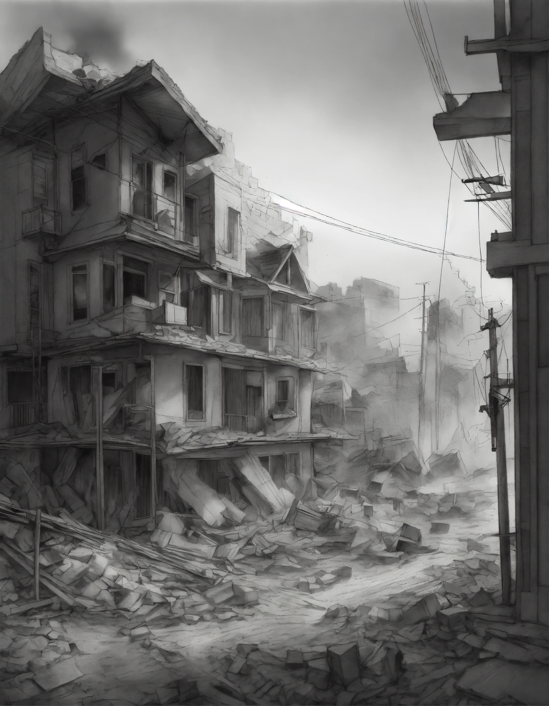 Lexica - A pencil sketch depicting a scene of an earthquake. realistic ...