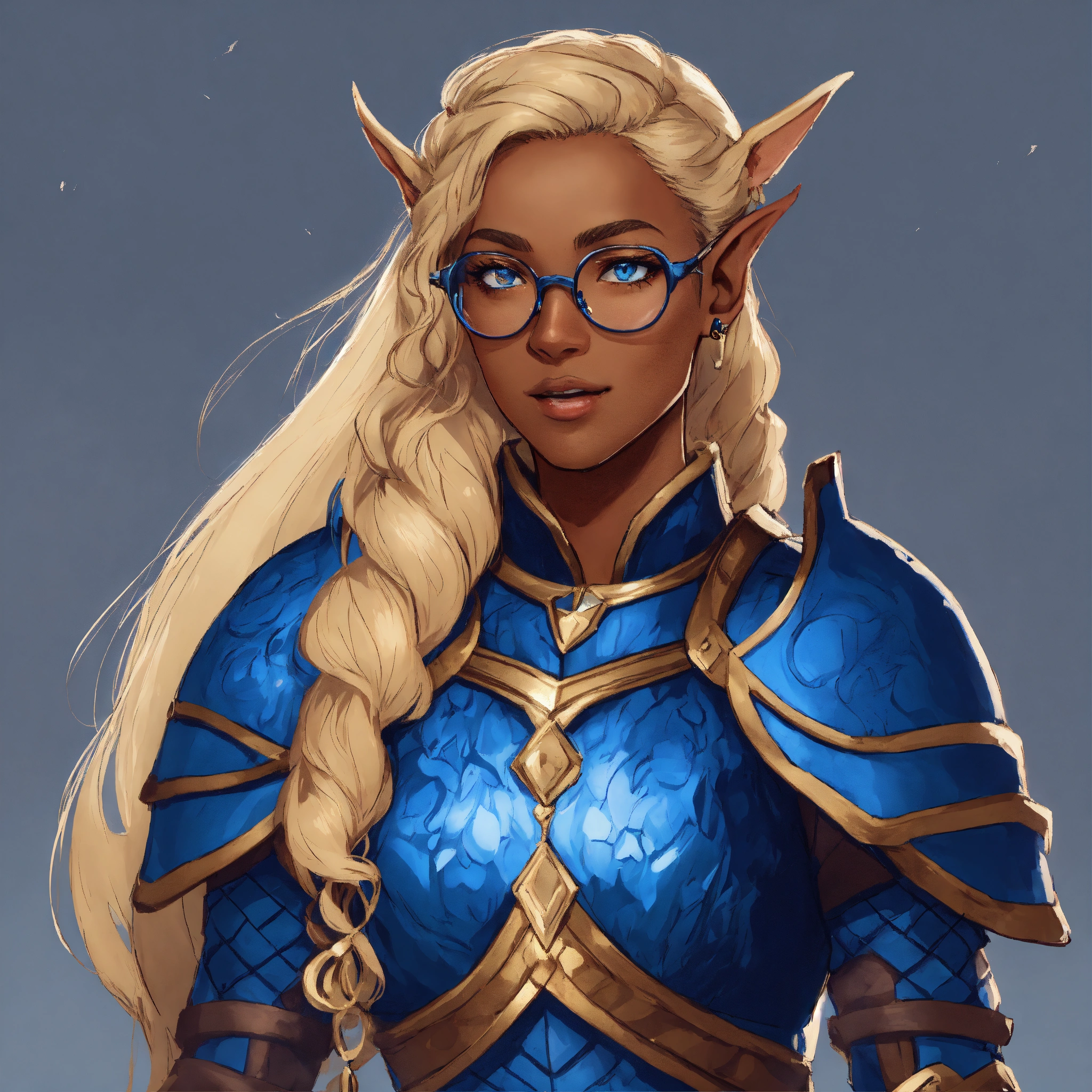 Lexica - A very brown skinned half elf woman, wearing glasses with deep ...