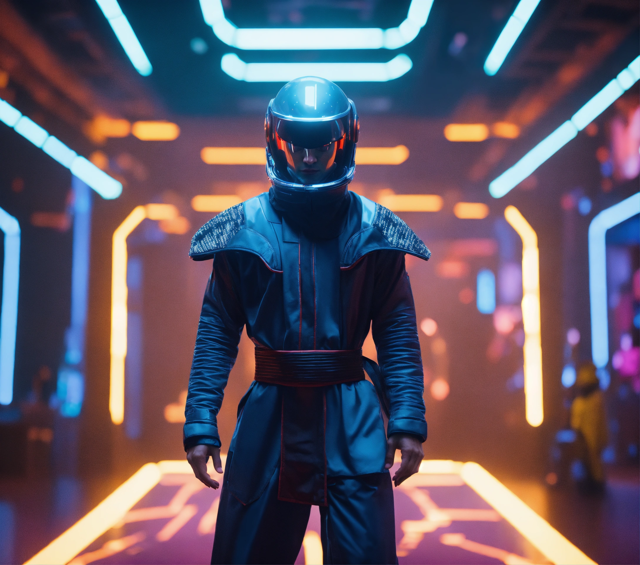 Lexica - Zoom out from a futuristic martial arts master hacker, wearing ...