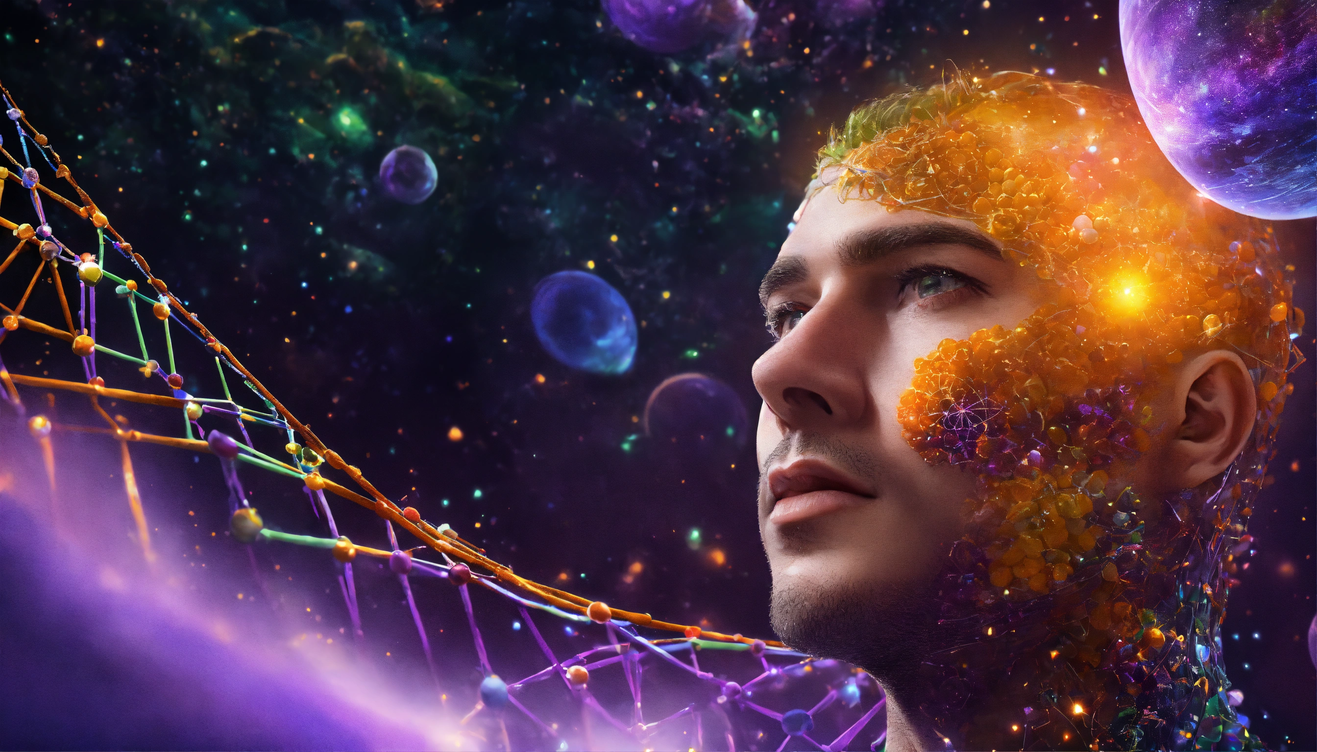 Lexica - Well built man looking up, dna strands floating in the ...