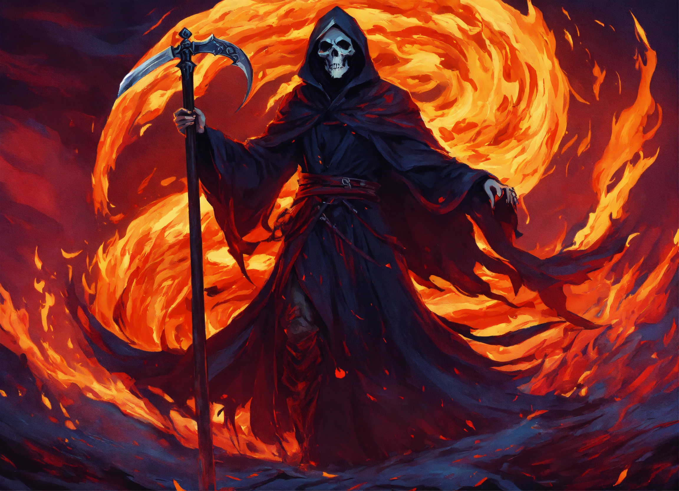 Lexica - Menacing grim reaper with flaming scythe raised for the kill ...