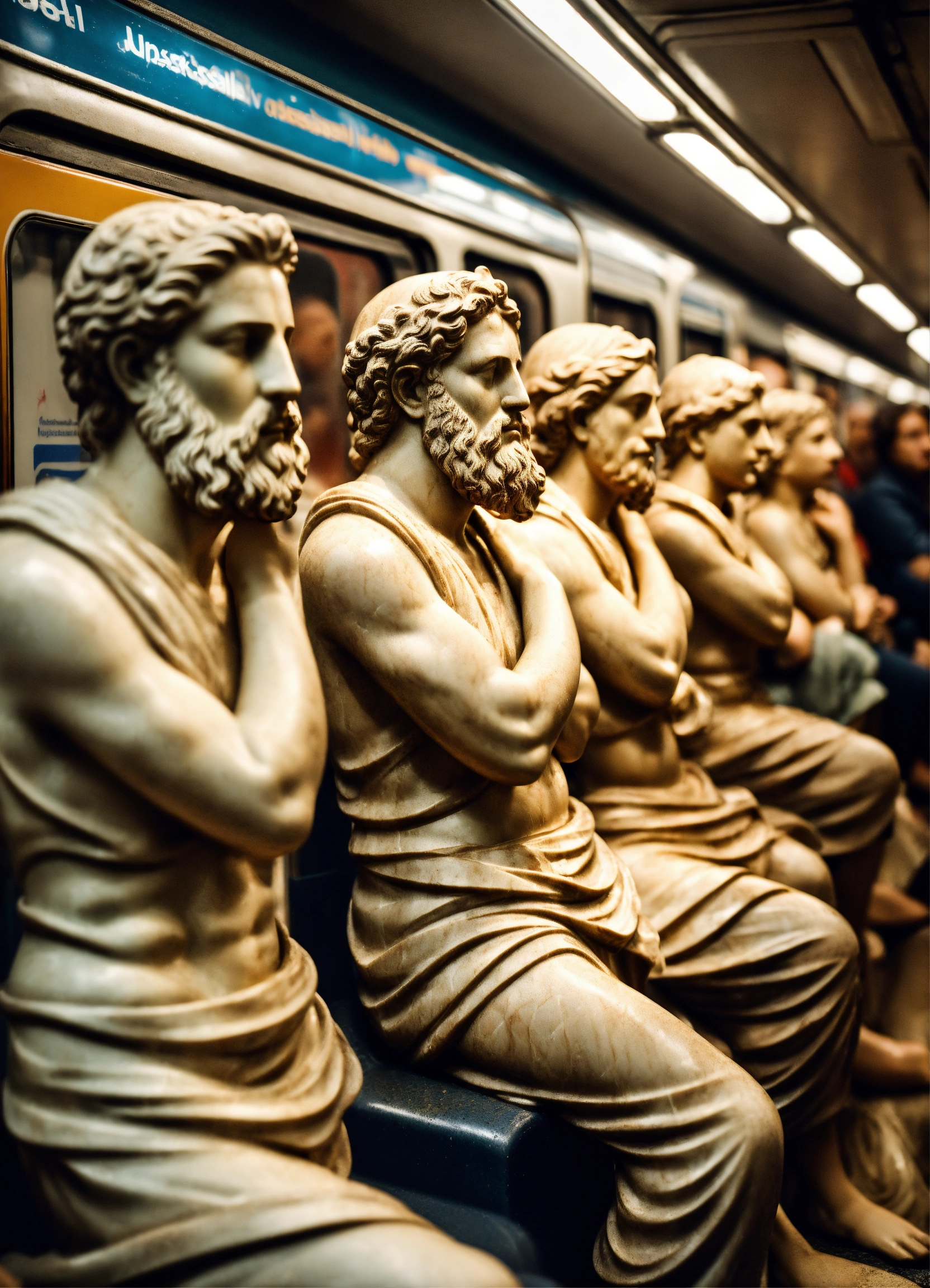 Lexica - Greek marble statues sitting in a very crowded subway train ...