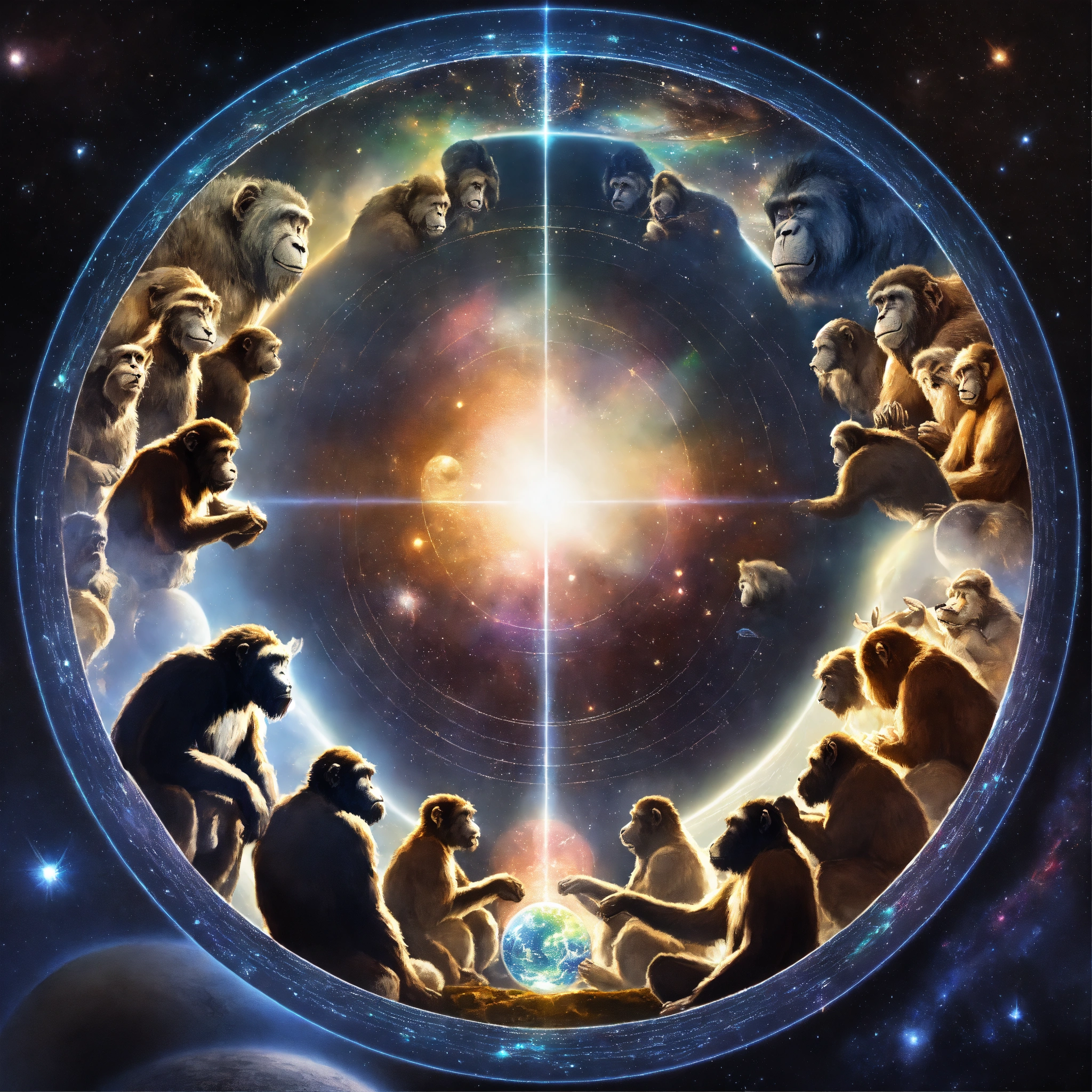 Lexica - Apes praying to human god in space, in circle image ...