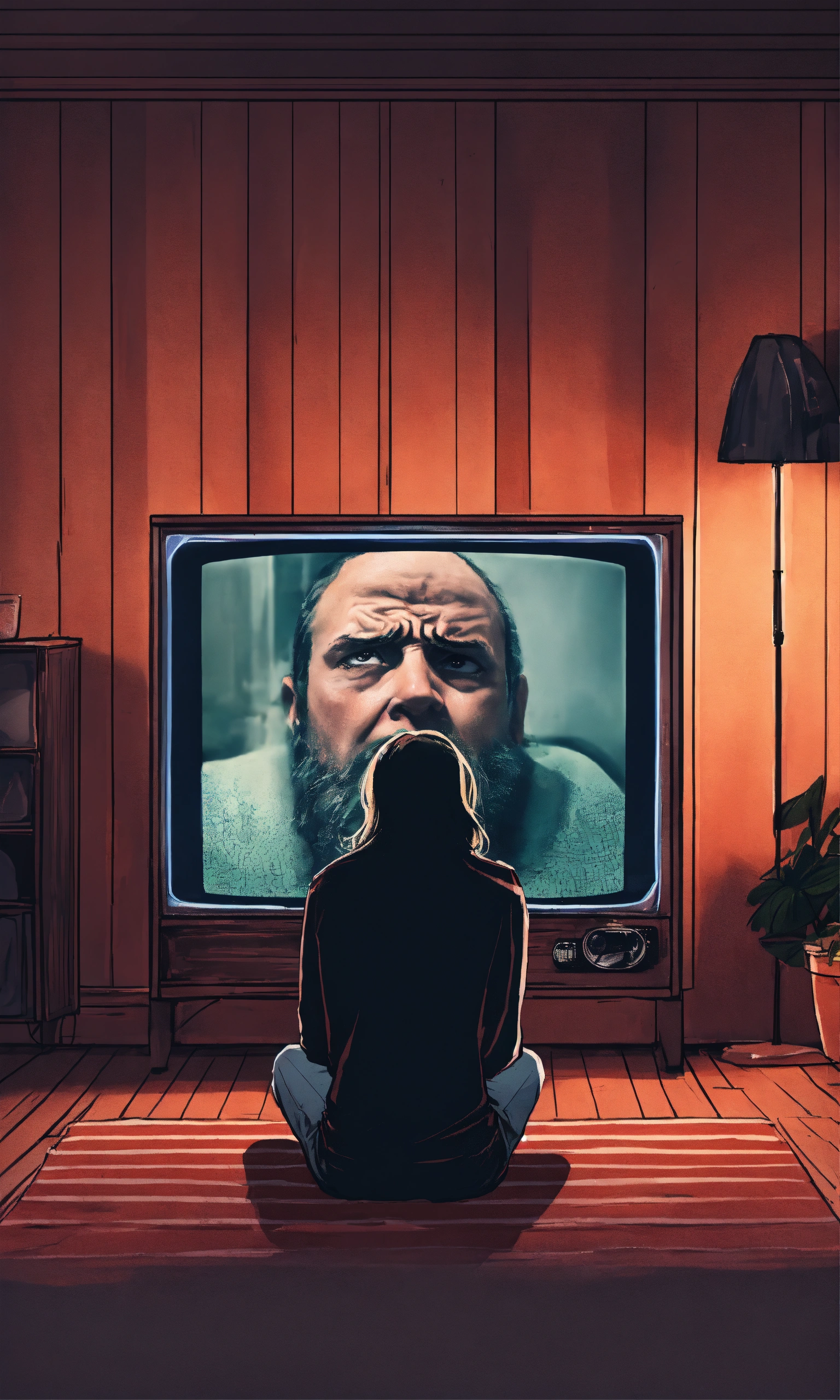Lexica - A scared and angry person watching a TV with distressing ...