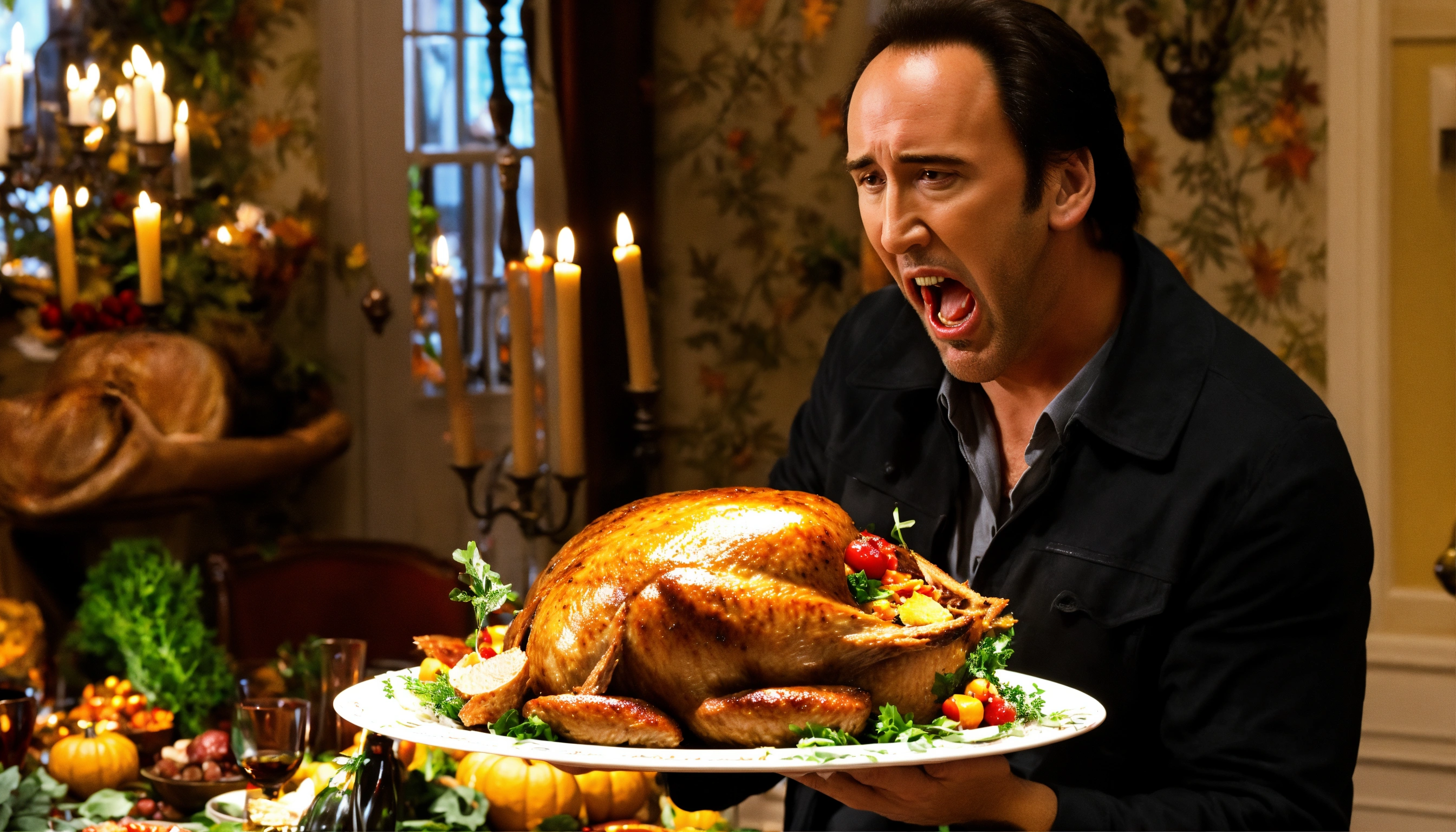 Lexica - Nick cage screaming over turkey at thanksgiving