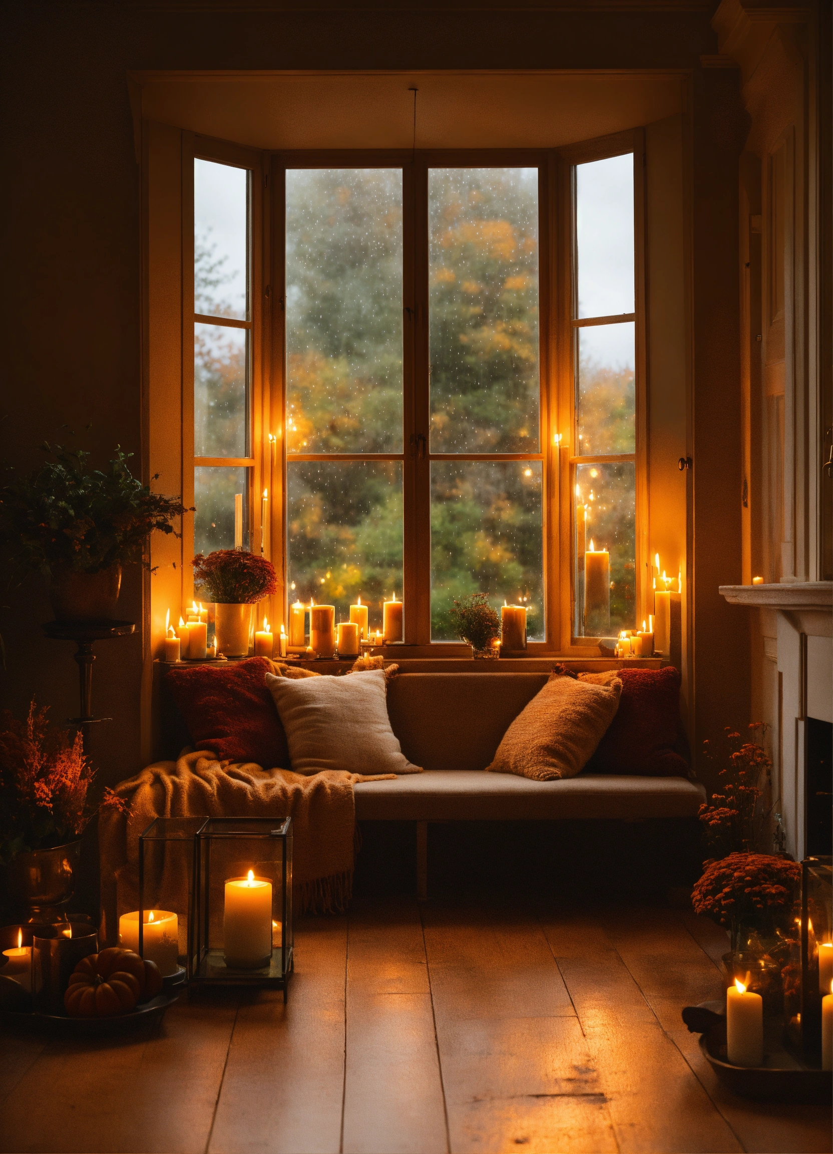 Lexica - Beautiful cozy fall room with candles, windows that open to a ...