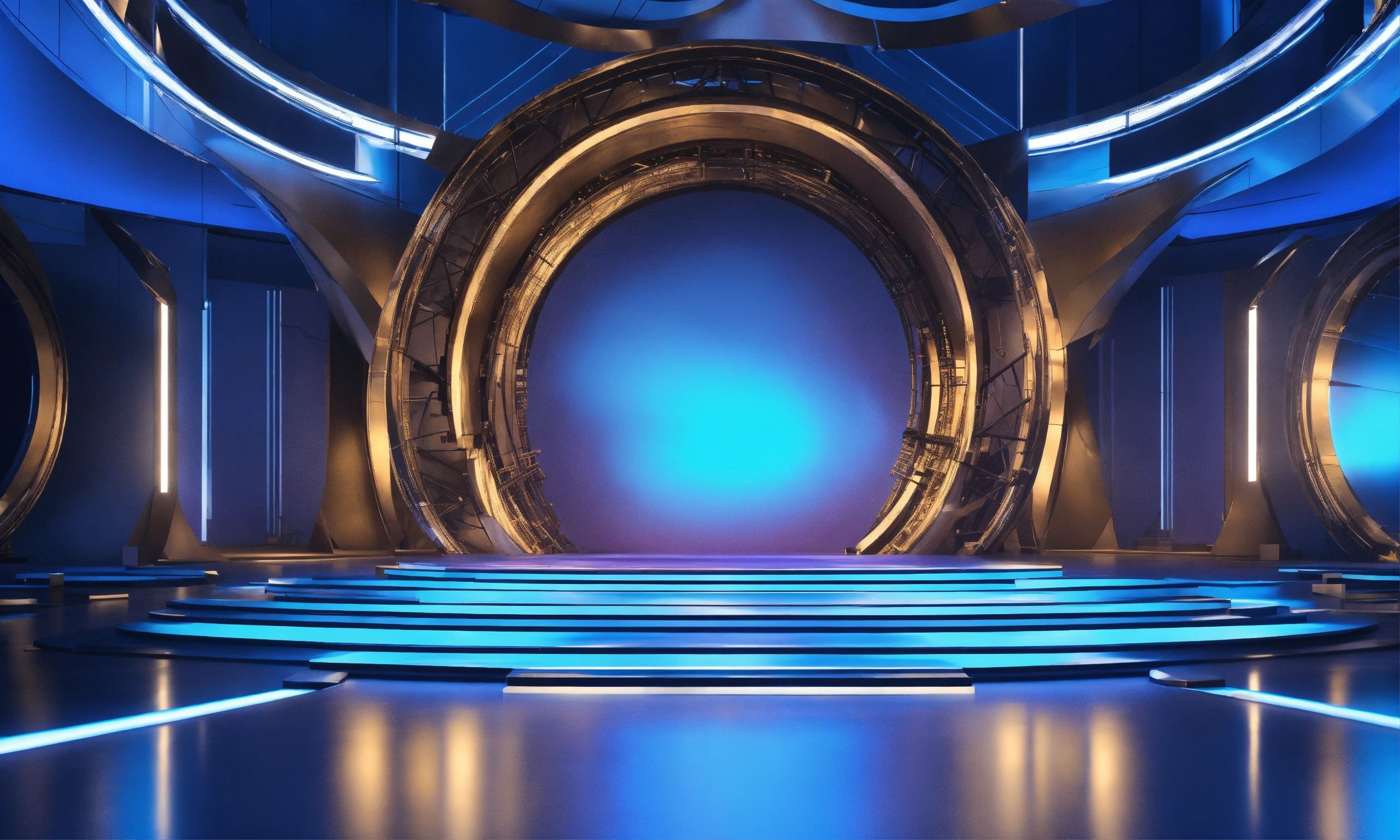 Lexica - Futuristic fashion show stage background blue color and metal