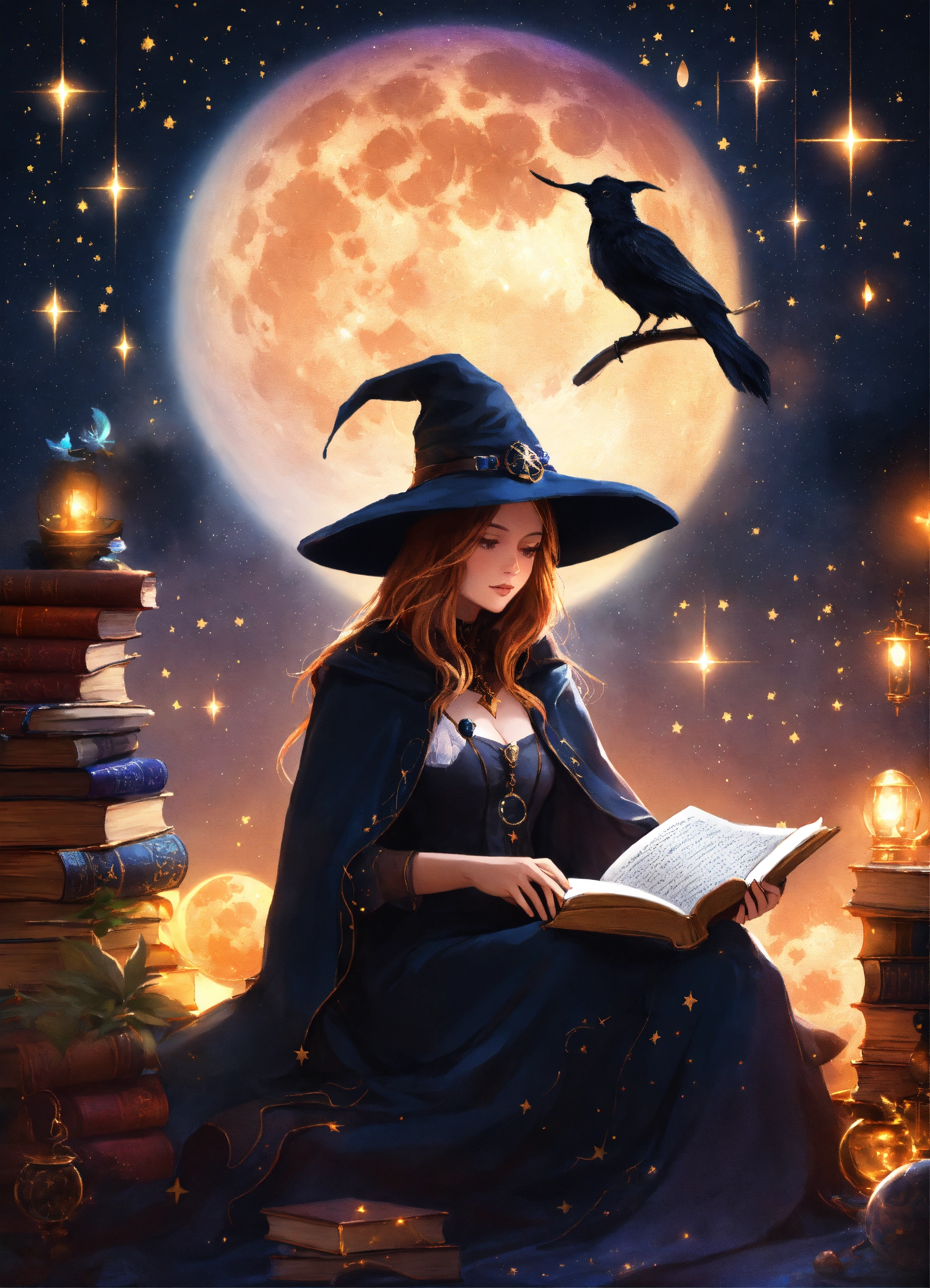 Lexica - Mysterious witch wearing a black hat and cloak, reading a ...