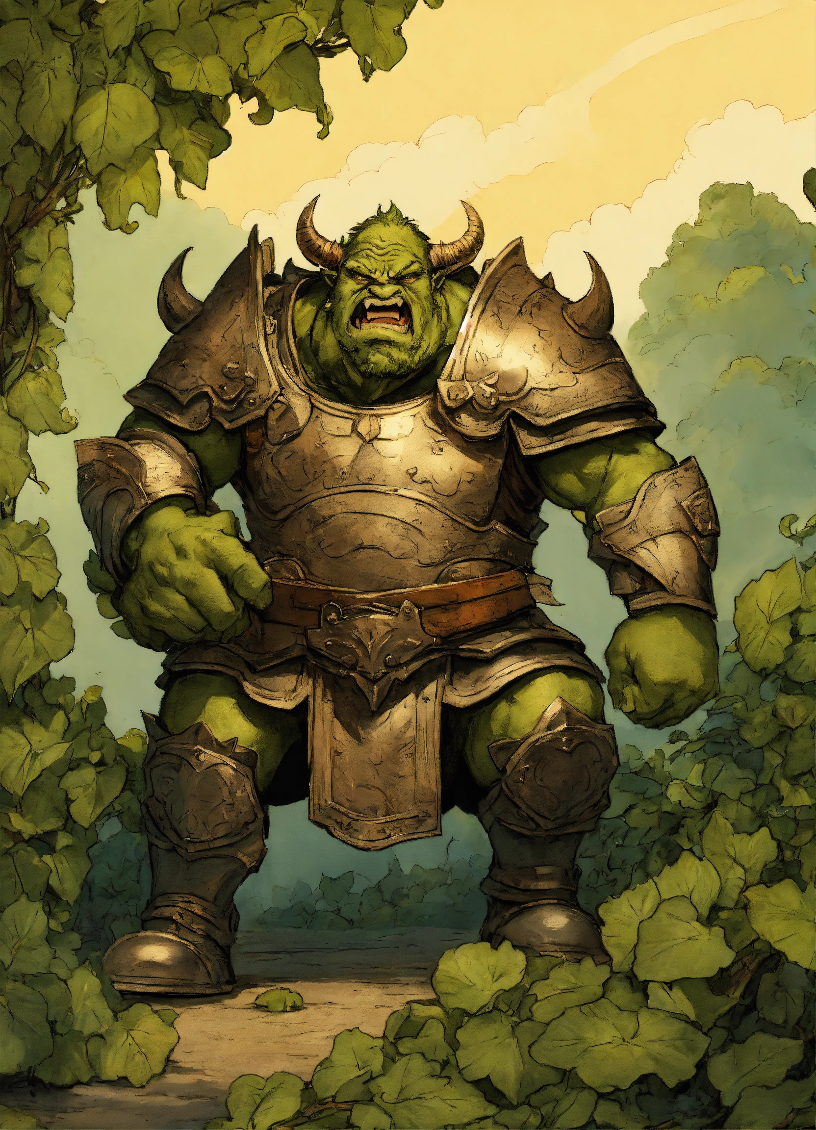Lexica - A ugly stoic muscular ogre with plate armor yelling. comic ...