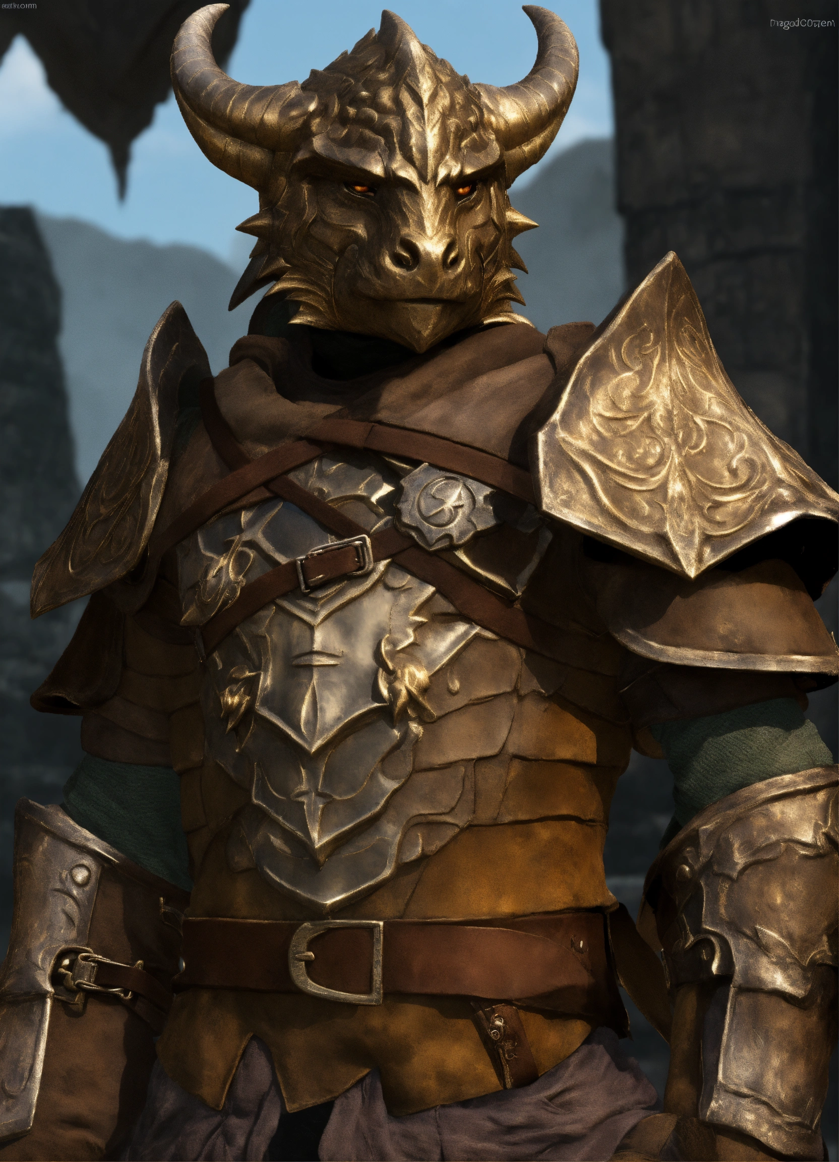 Lexica - Dragonborn, male, bronze, silver chest scales,