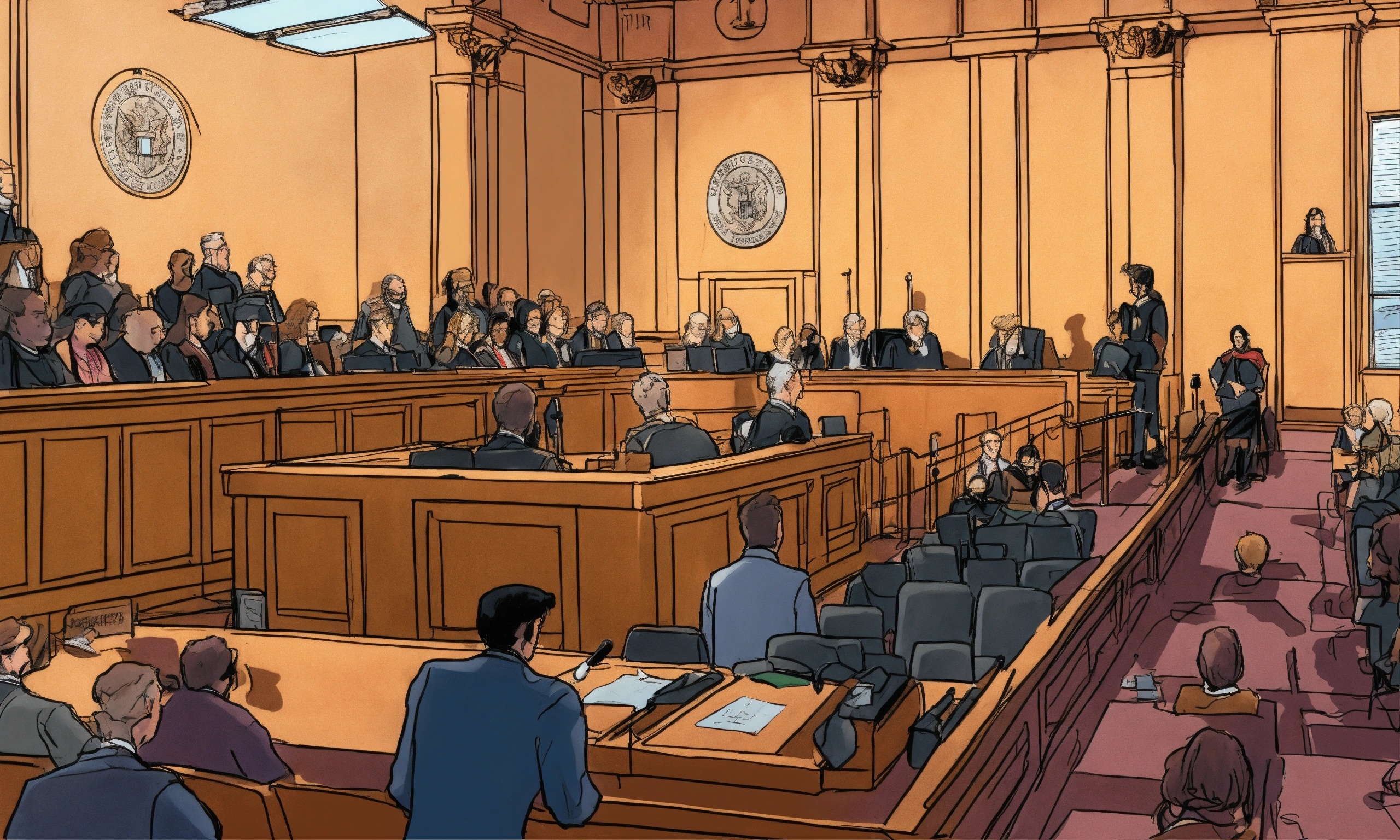 Lexica - Comic drawing of a person on trial in a courtroom with lots of ...