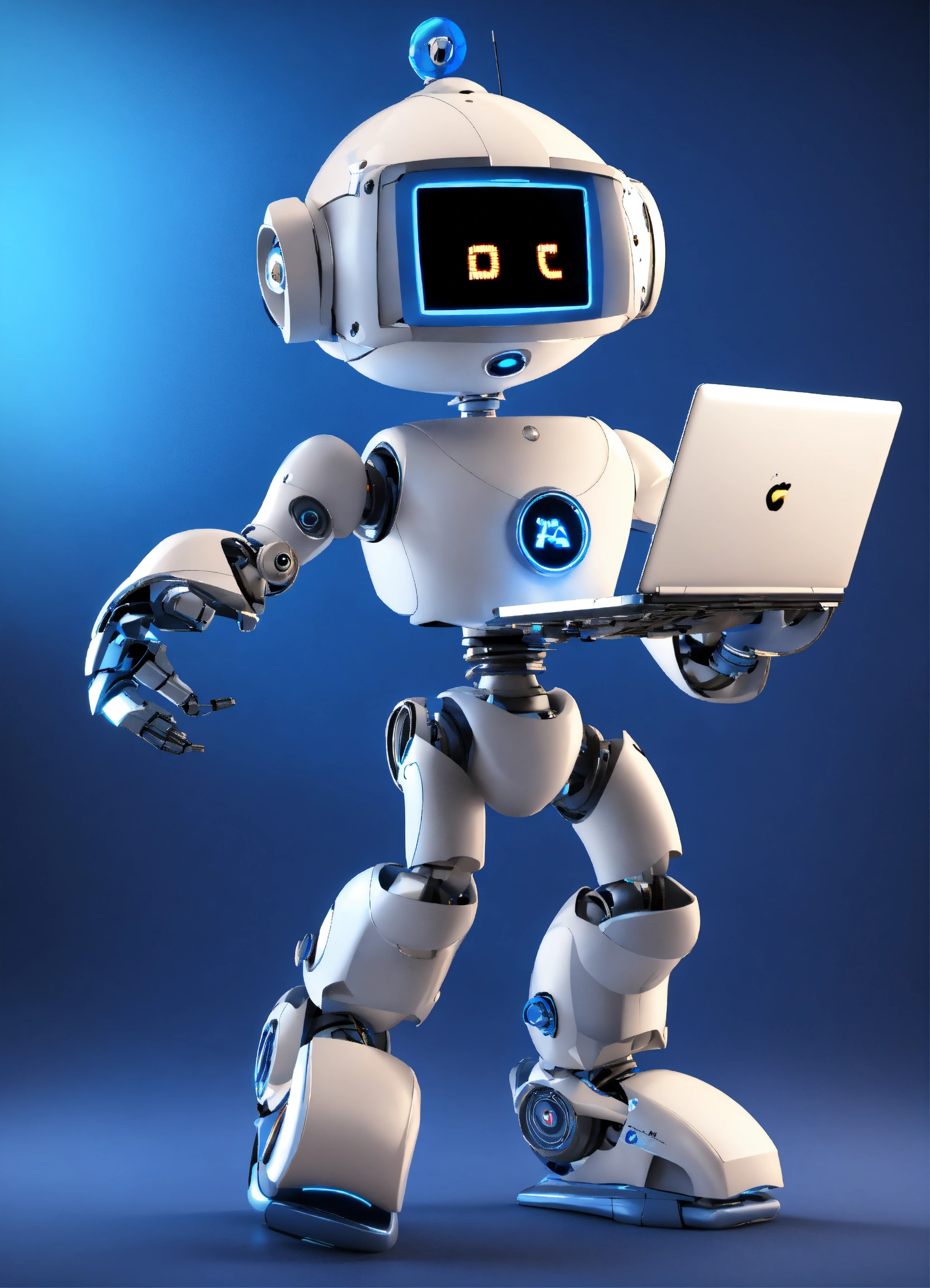 Lexica - Fun, champion robot, 3d mascot, screaming, hold laptop