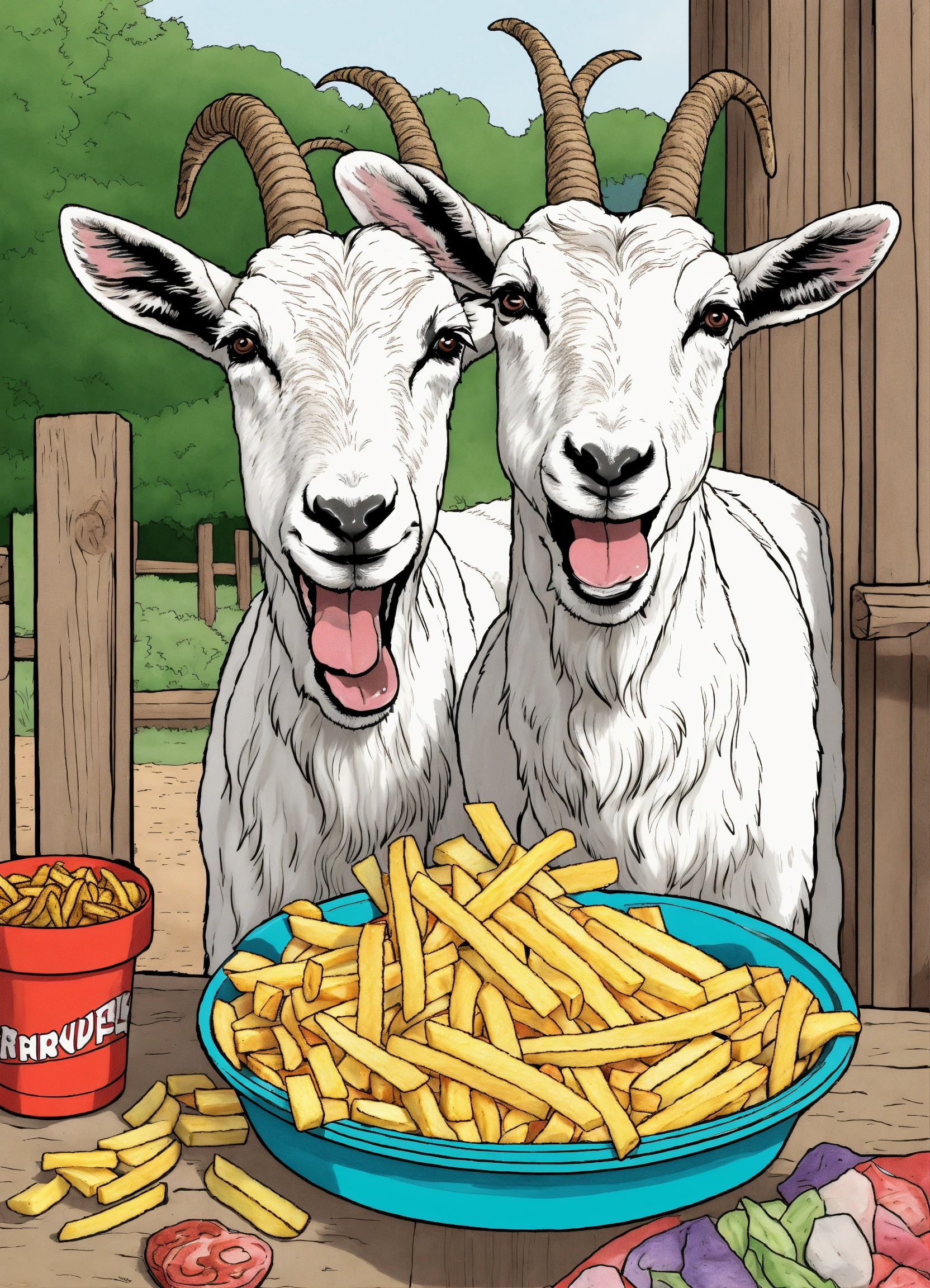 Lexica - A coloring book page that depicts two grinning goats eating ...