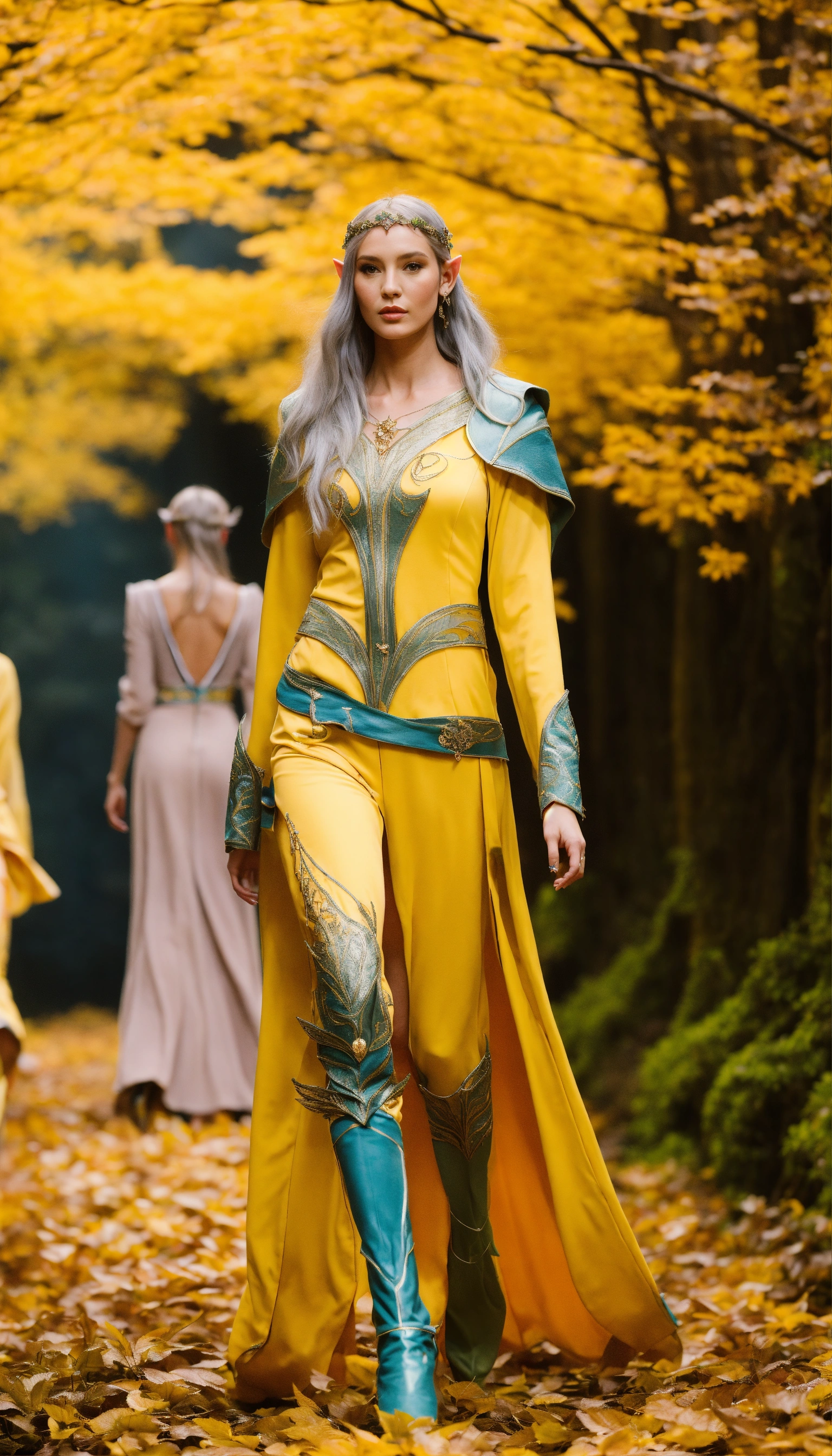 Lexica - Lothlorien female elves walking runway during elvin fashion week
