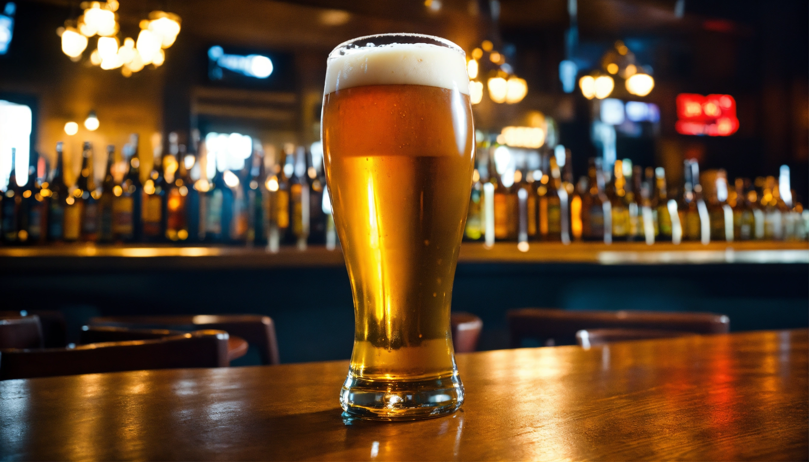Lexica - Glasses of beer, dark mood, front view, beer bar in background