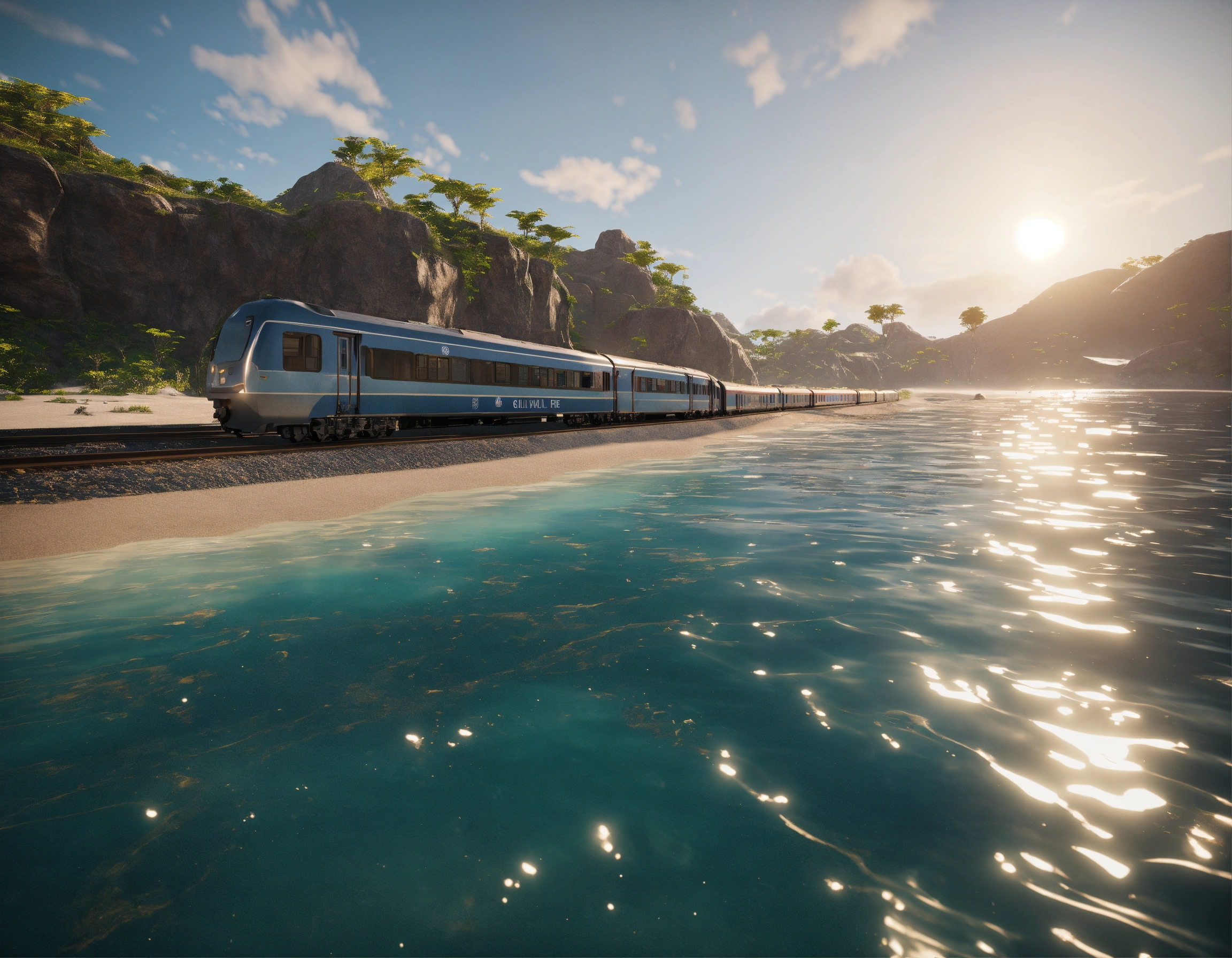 Lexica - Unreal engine render, train gliding across crystal clear, calm ...