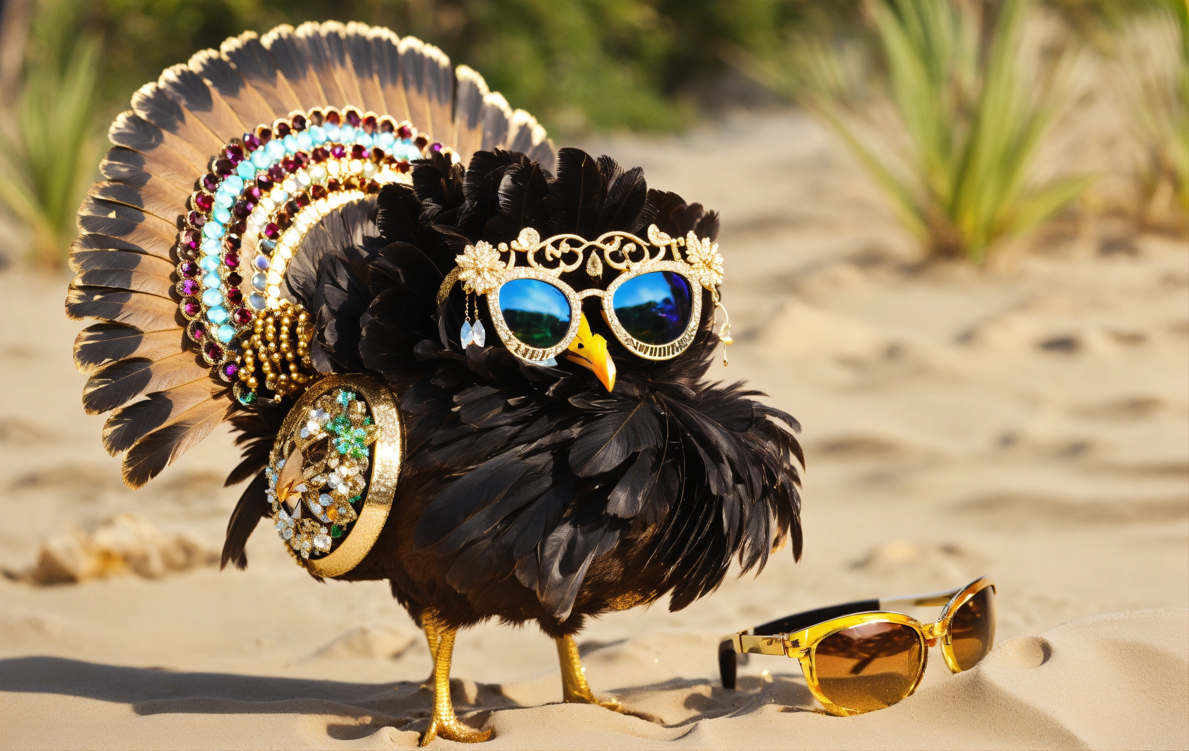 Lexica - Lucky Turkey sunglasses on the beach with gold and treasures ...