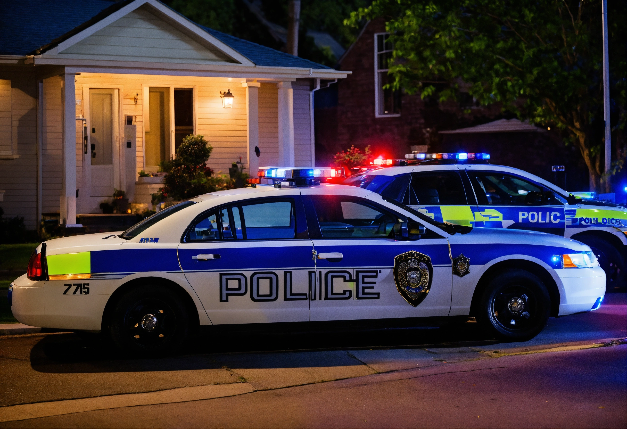 Lexica - 5 police cars outside a house all with lights on