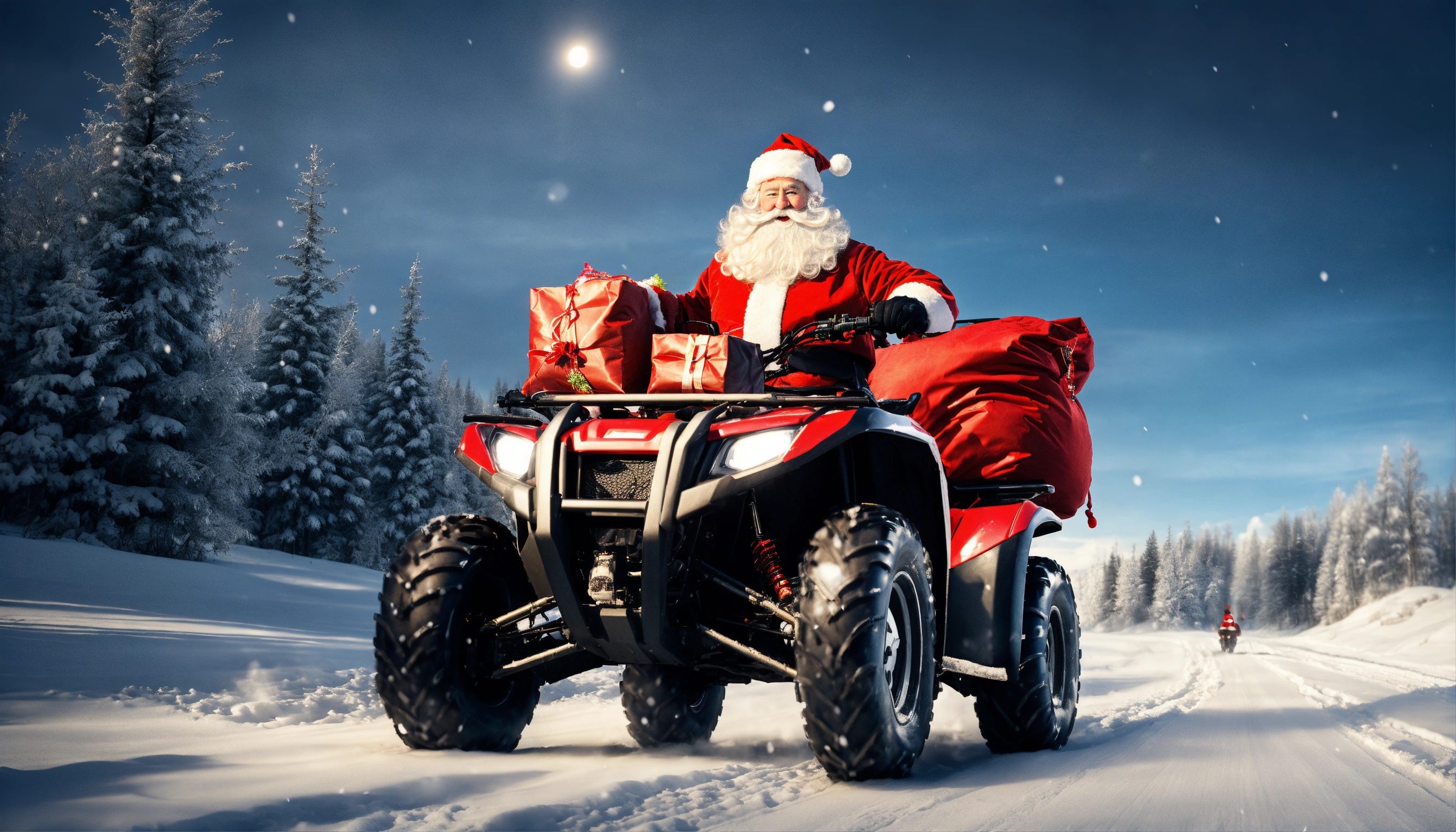 Lexica - Santa Claus with big sack bag rides along a snowy road on an ...