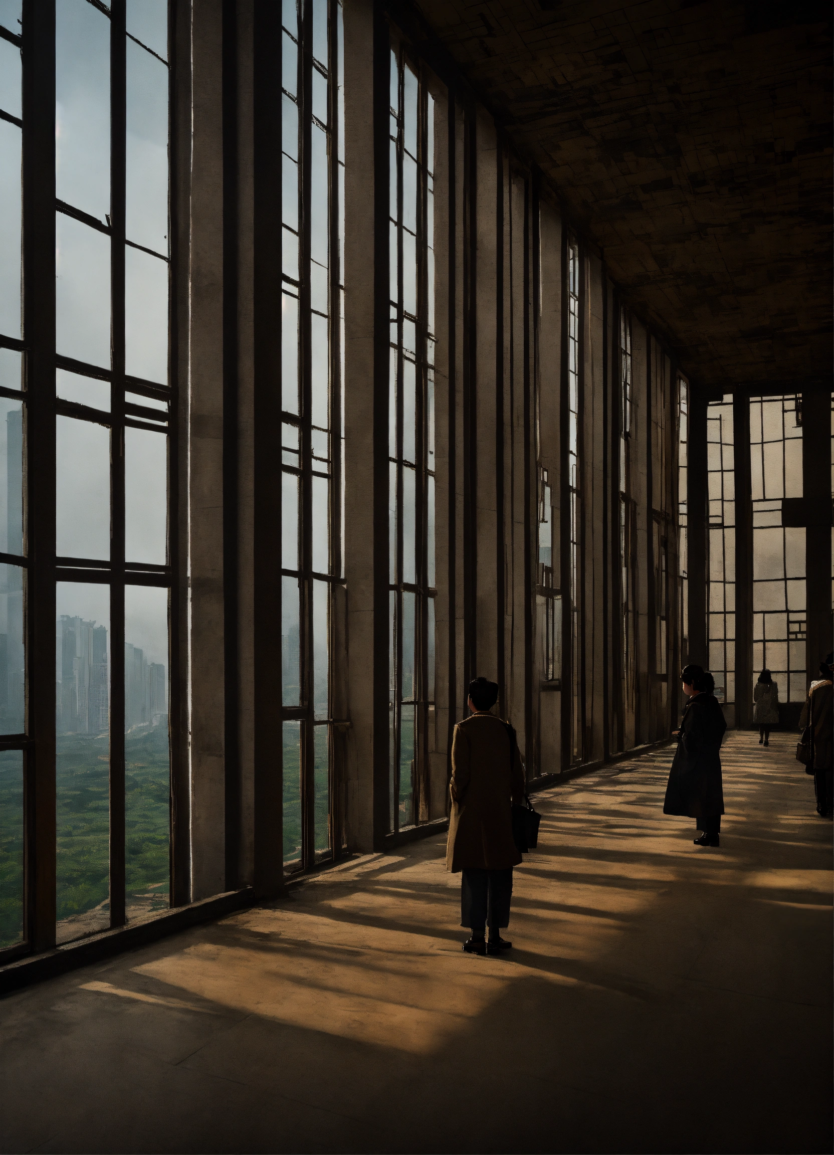 Lexica - Some people look over tall building windows, in the style of ...