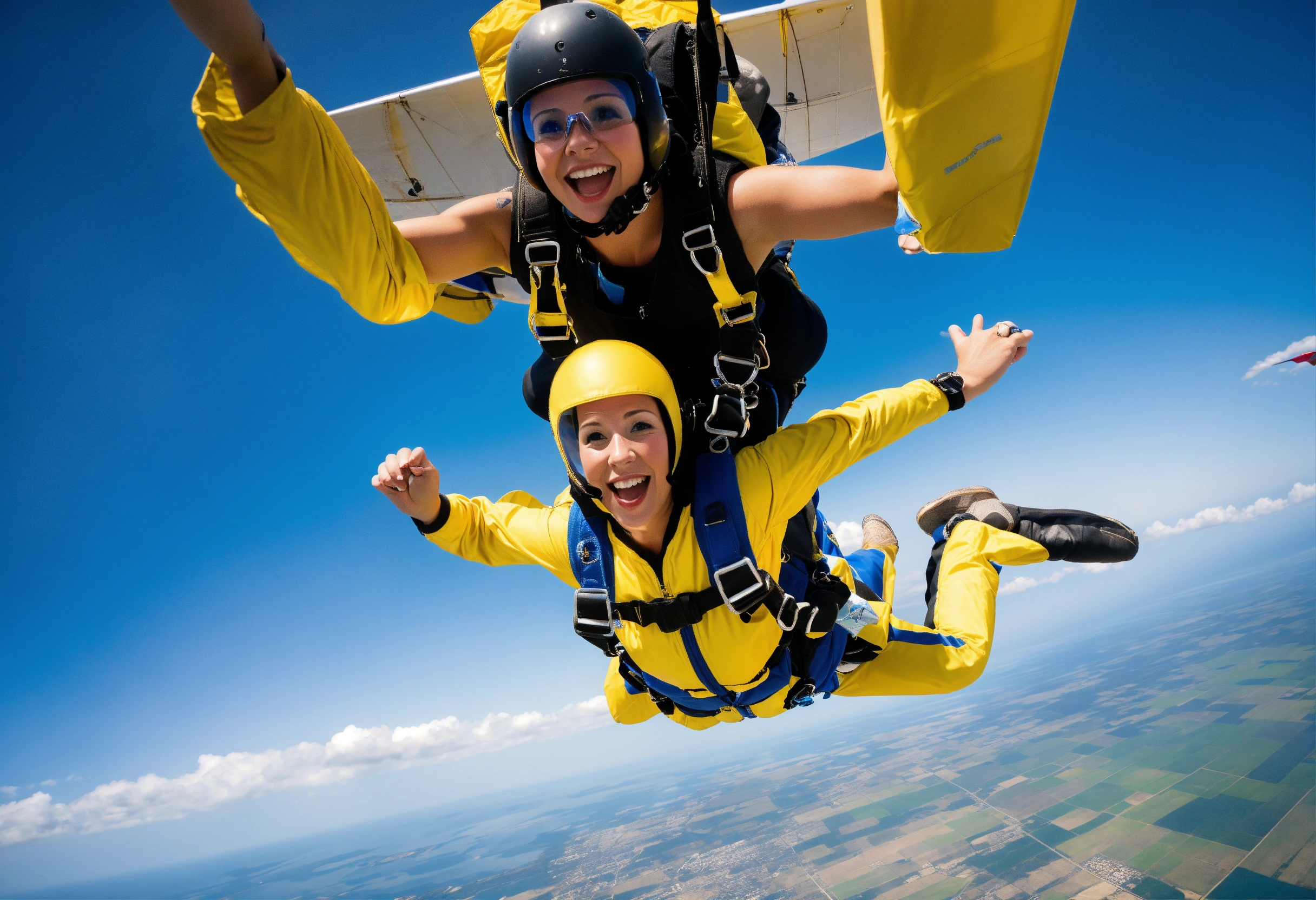 Lexica - A blonde woman skydiving jumping out of a plane with a yellow ...