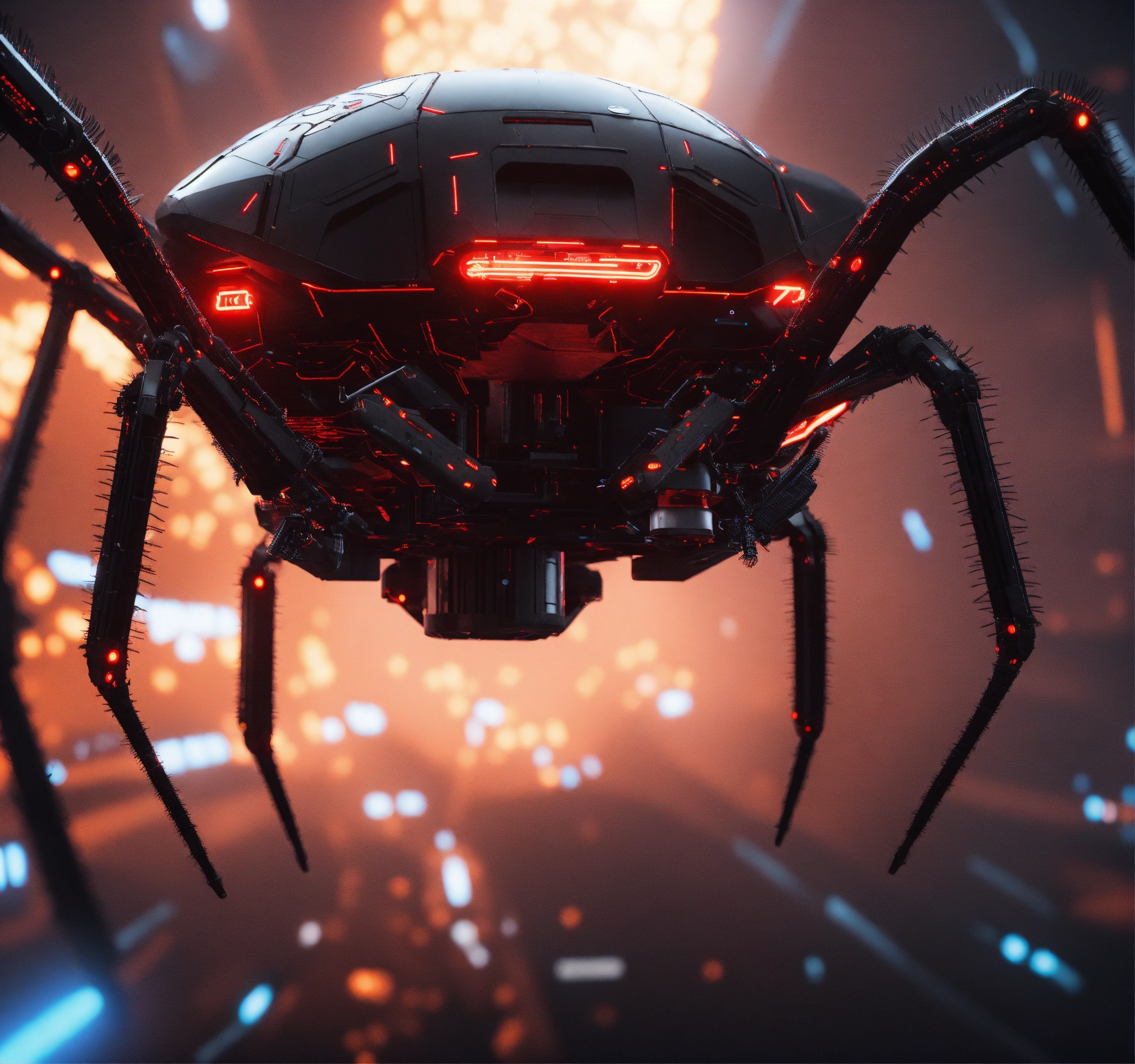 Lexica - Zoom out on a extra long black robotic black widow spider ...