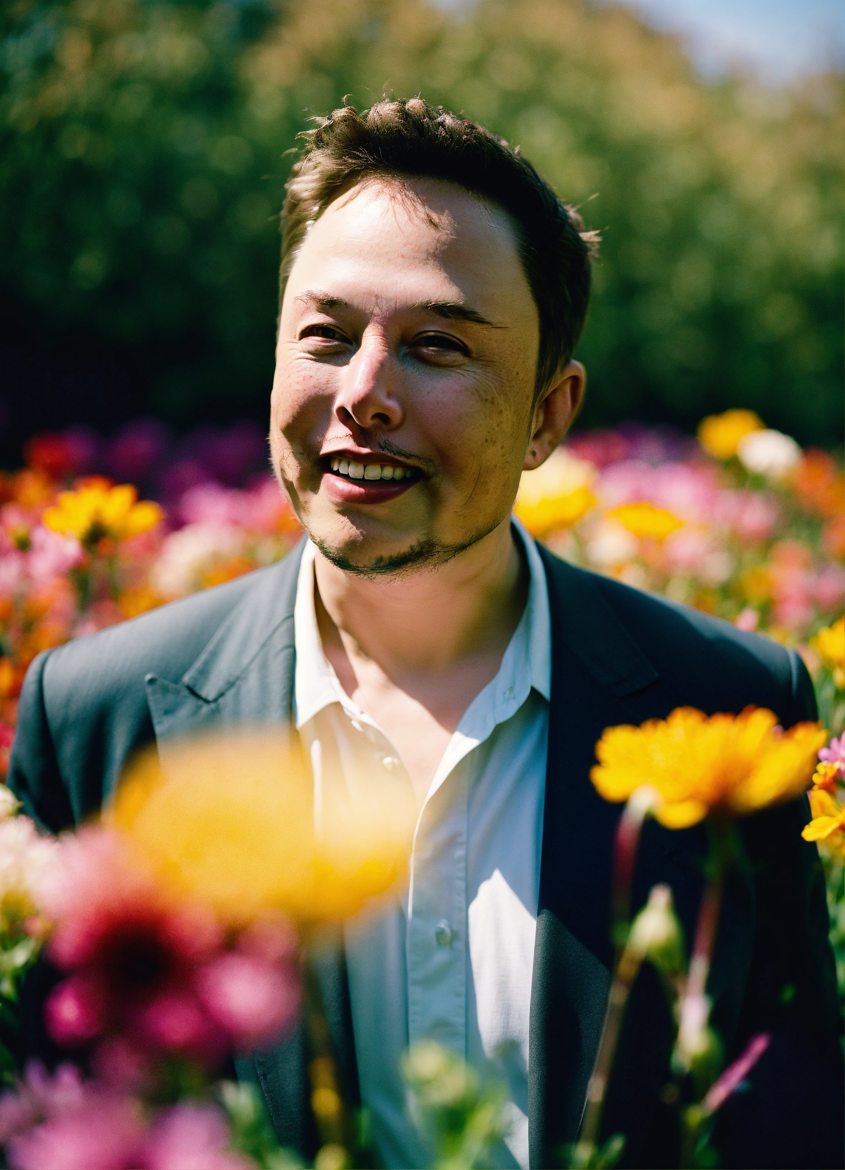 Lexica - Happy Elon Musk standing in a beautiful field of flowers ...