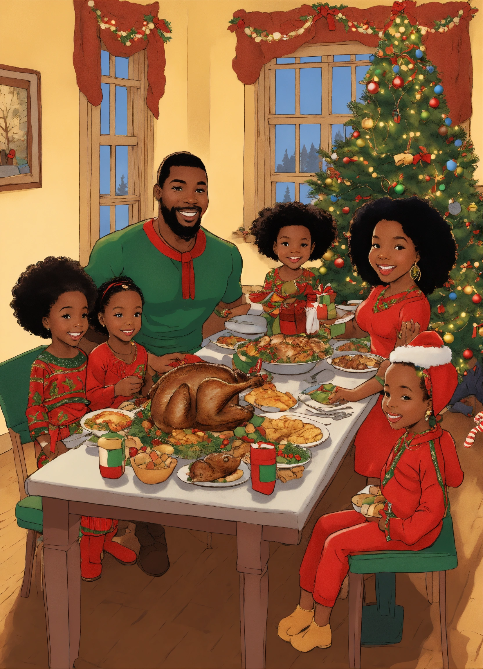 Lexica - Cartoon of black family dressed in Ashanti clothes, eating at ...