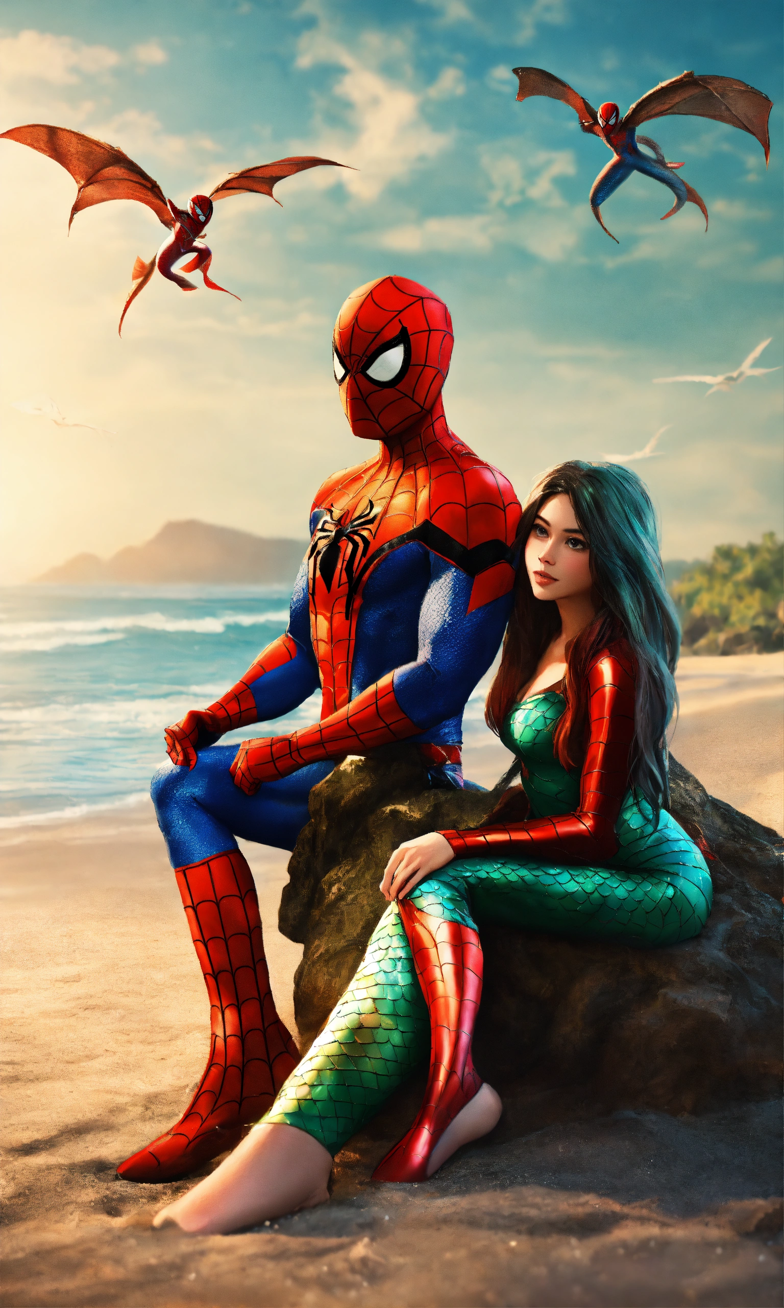 Lexica - Spiderman with a mermaid sitting on the beach, nature ...
