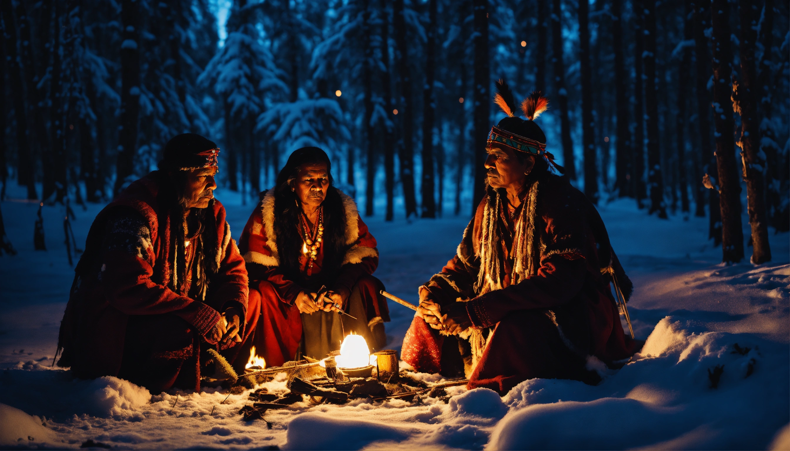 Lexica - Indian tribes in snow forest. night. cinematic. real picture.