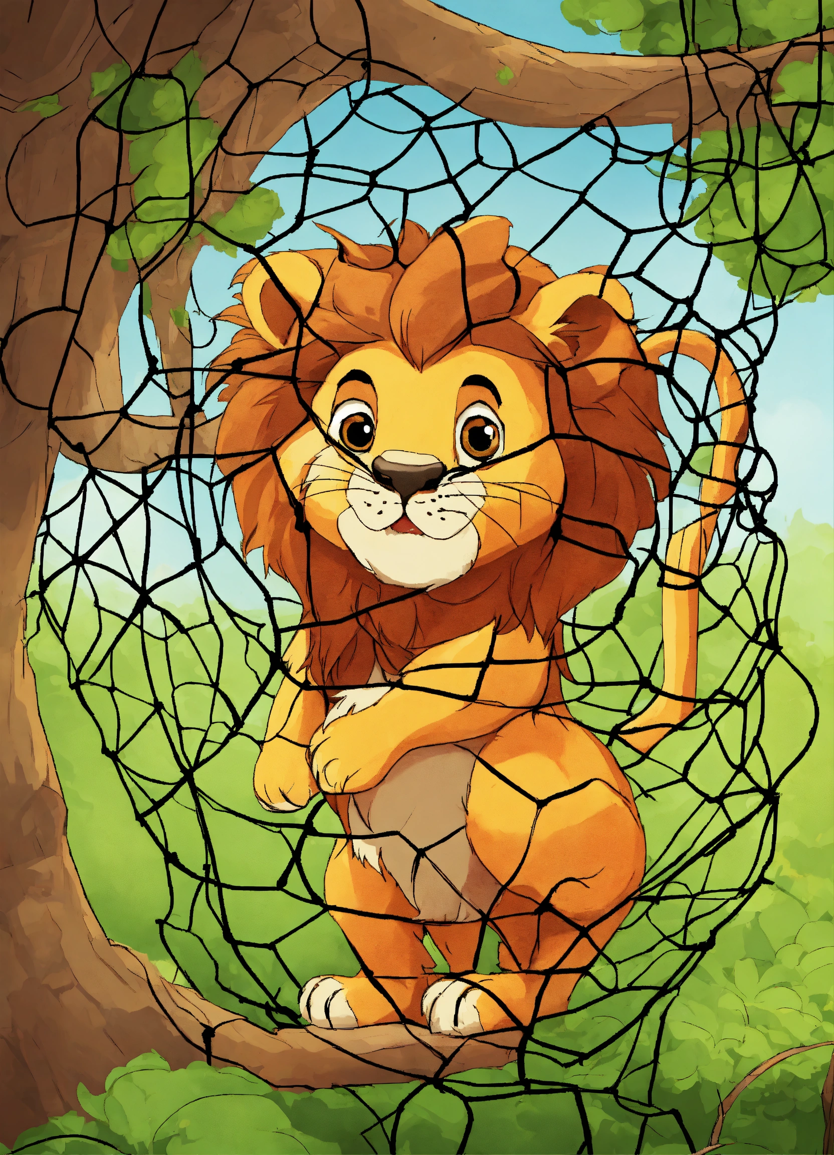 Lexica - Let cartoon lion trapped in net and hung to tree